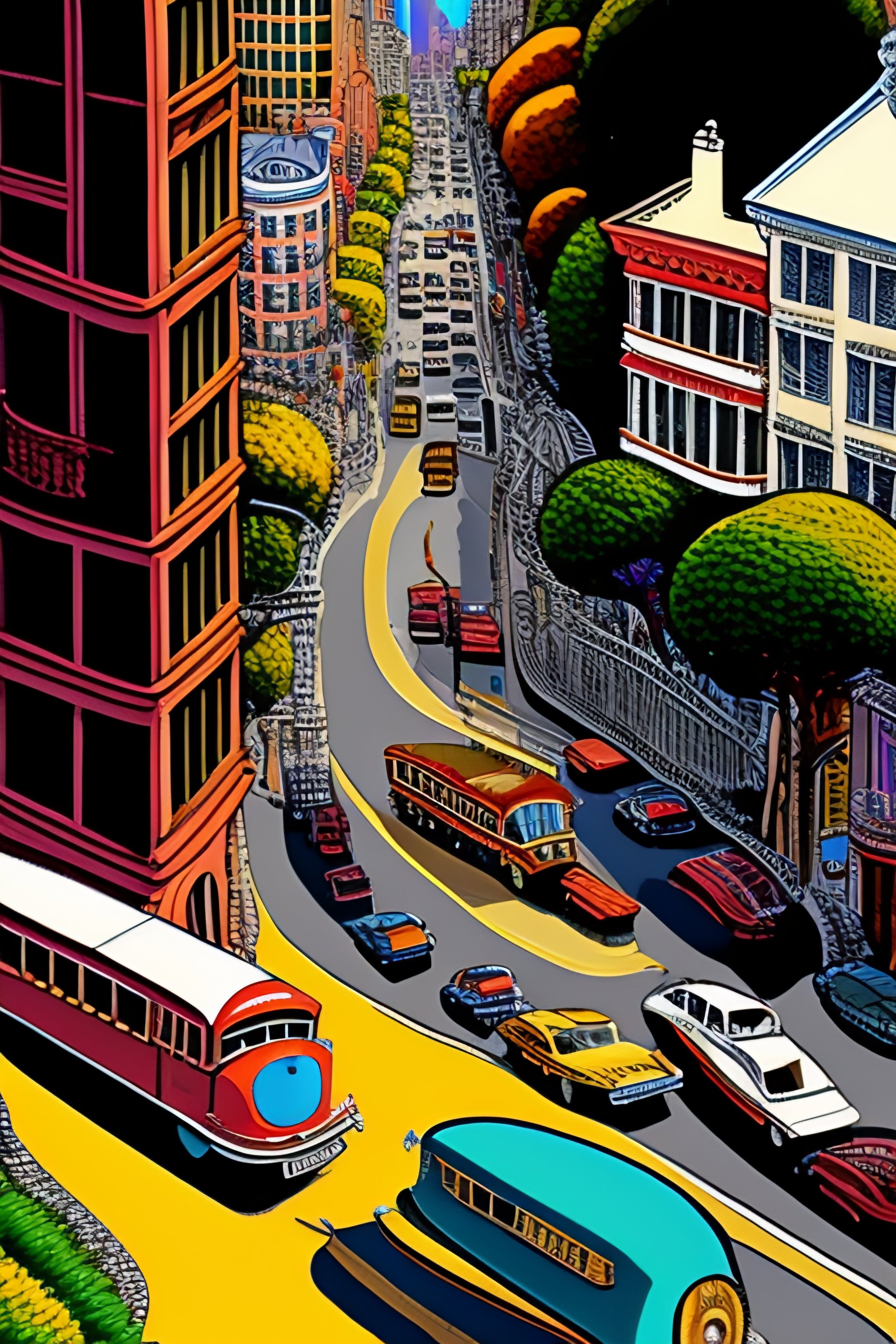 Lexica - Maximalist chaotic Lombard Street San Francisco, birds eye ...