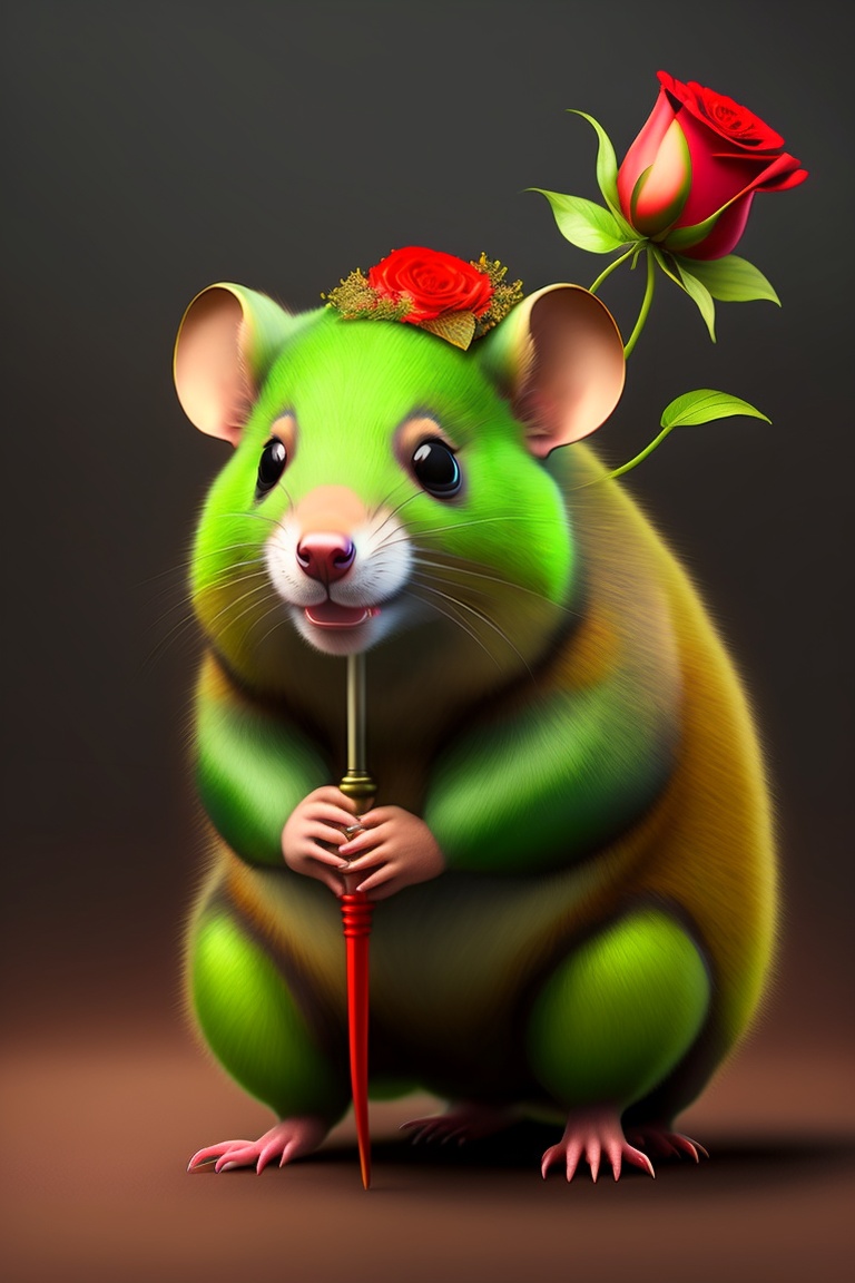 Lexica - A poisonous giant green rat holding a red rose r, digital art
