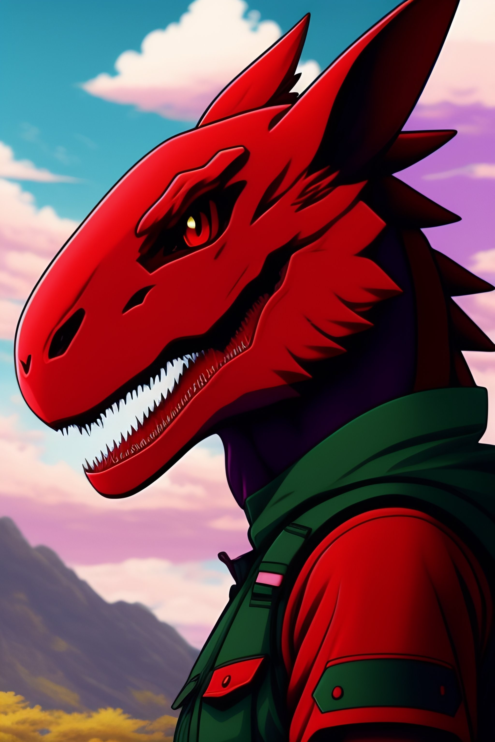 Lexica - Anime illustration of a Pokemon Red-Coloured Raptor Dinosaur