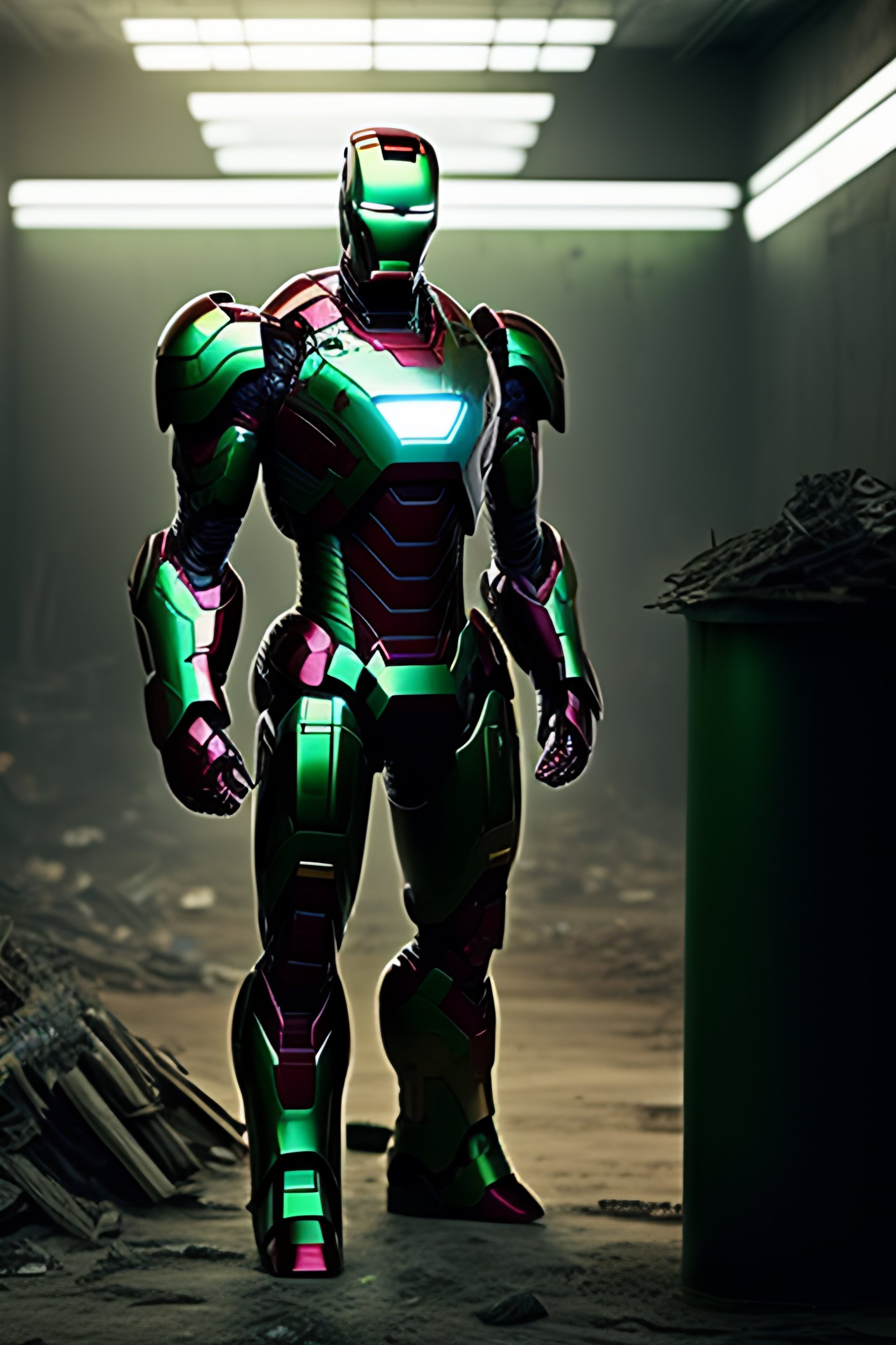 Lexica - Iron man armour destroyed in a cold green abandoned laboratory ...