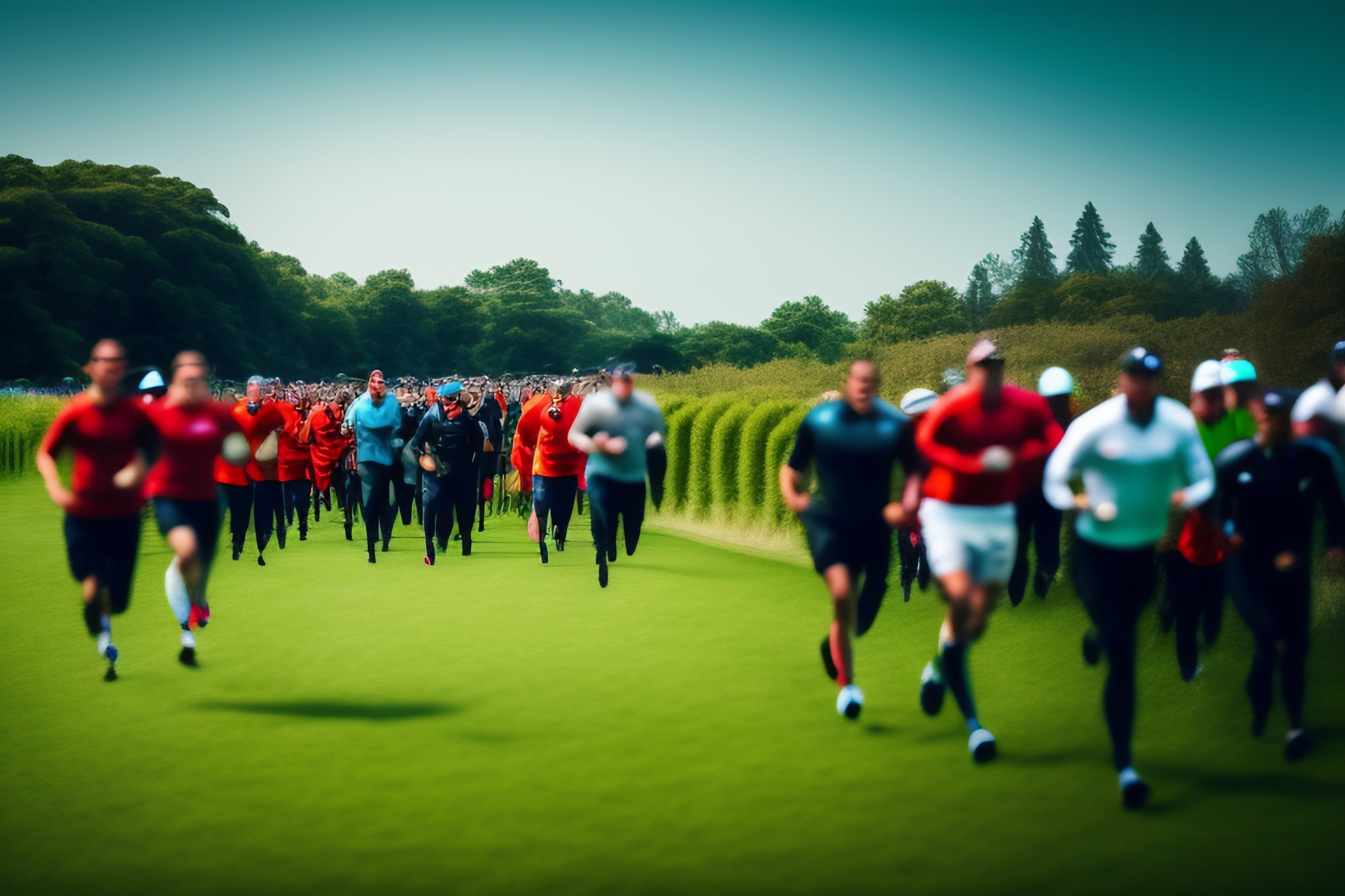 Lexica - Background full of men and women chasing, front view, green ...