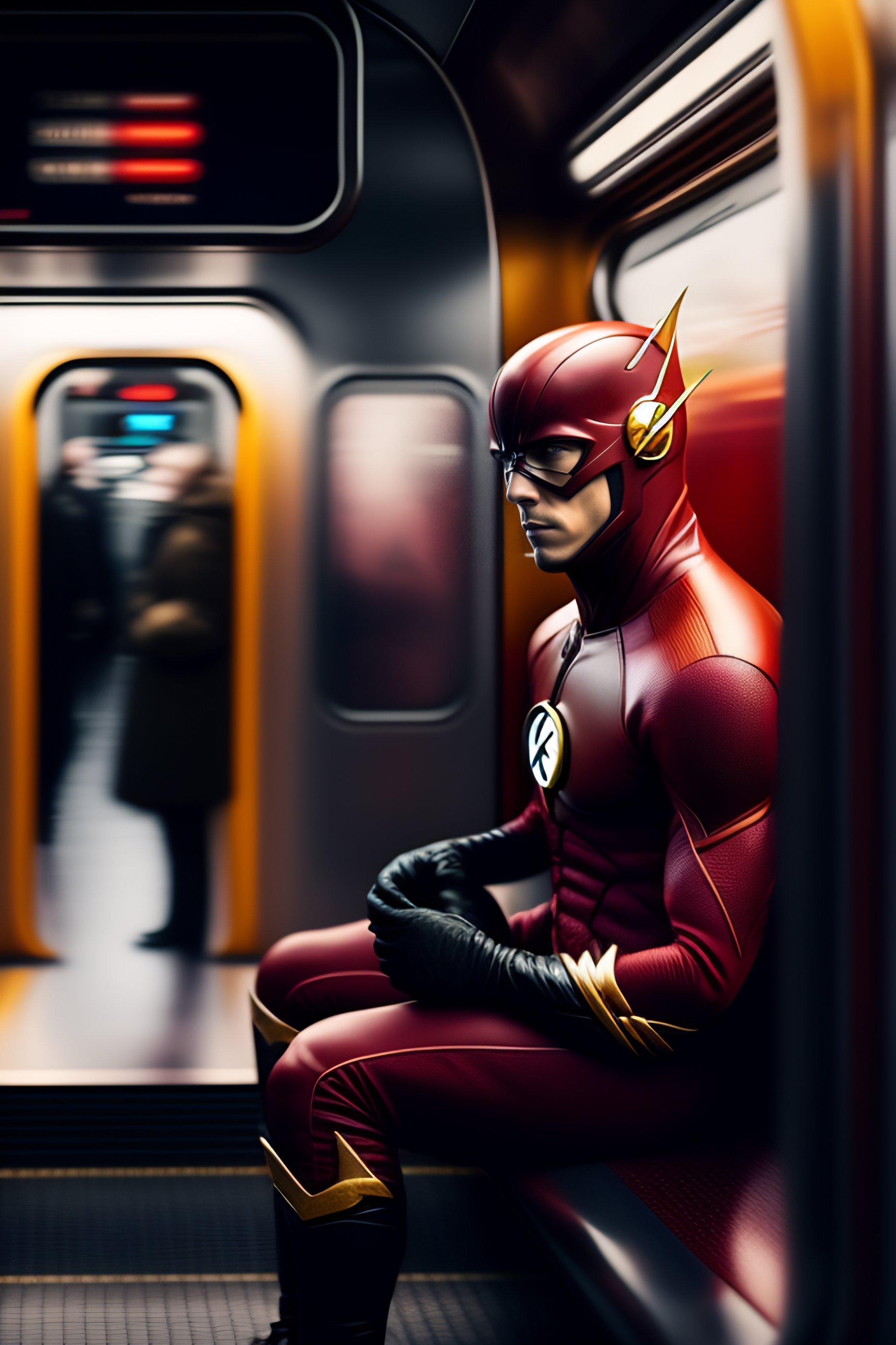 Lexica - The Flash character sitting on the subway, realistic, cinematic