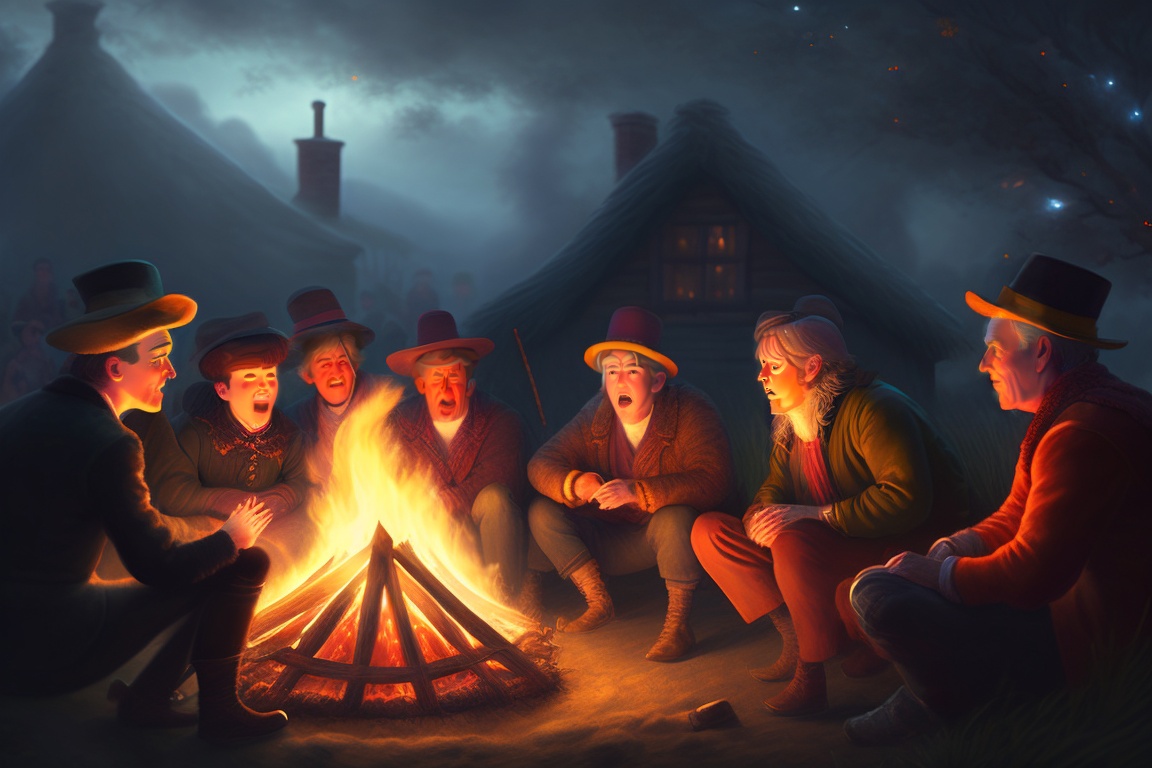 Lexica - A group of villagers sharing spooky tales around a bonfire at ...