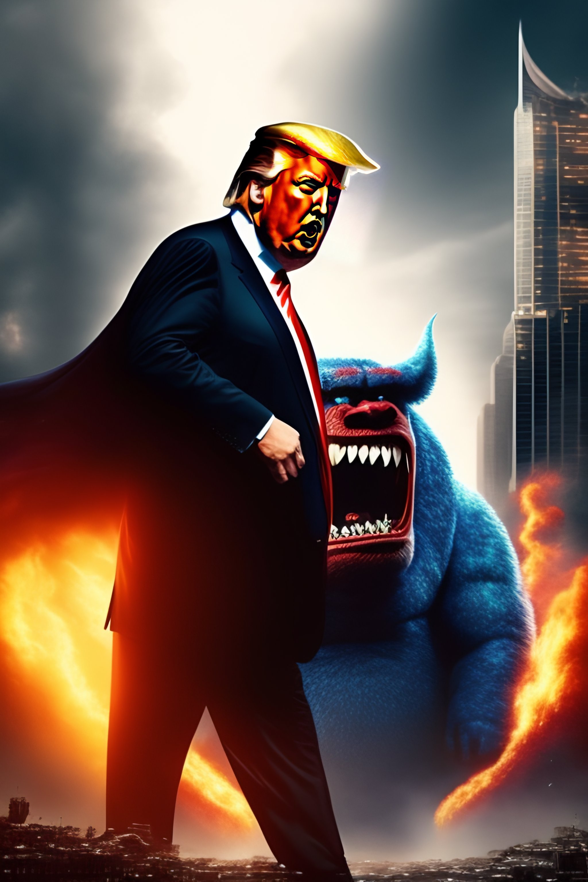 Lexica - Donald Trump depicted as a giant monster destroying a city