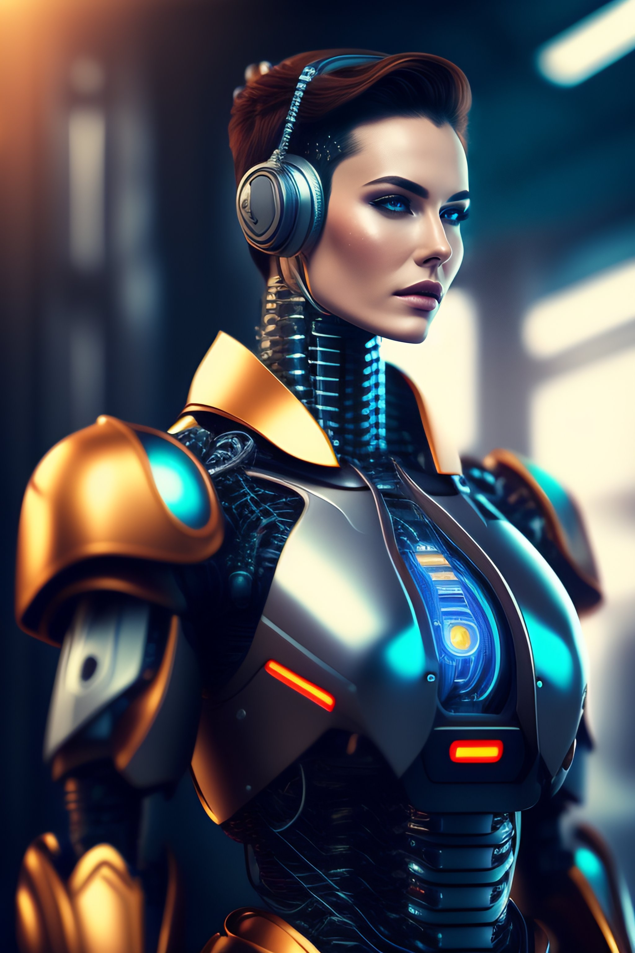 Lexica - Cyborg robot with computer, a character side portrait ...