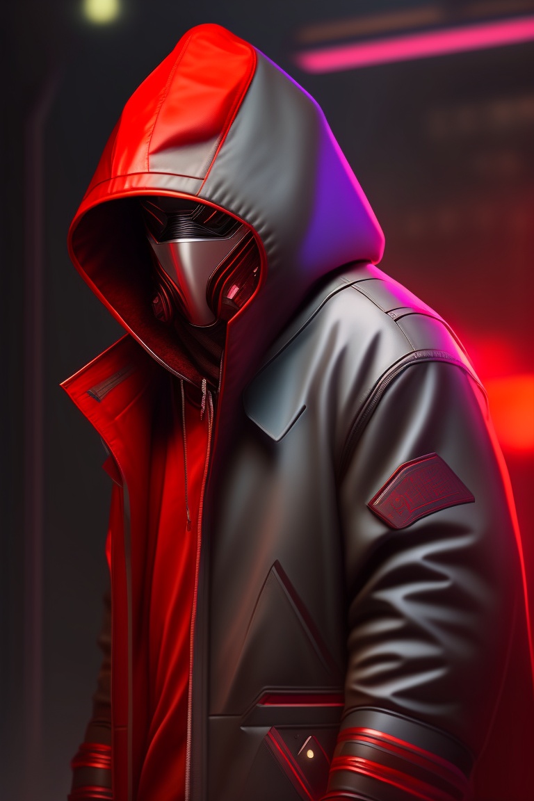 Lexica - Male character, time traveler, hood and red neon, mask