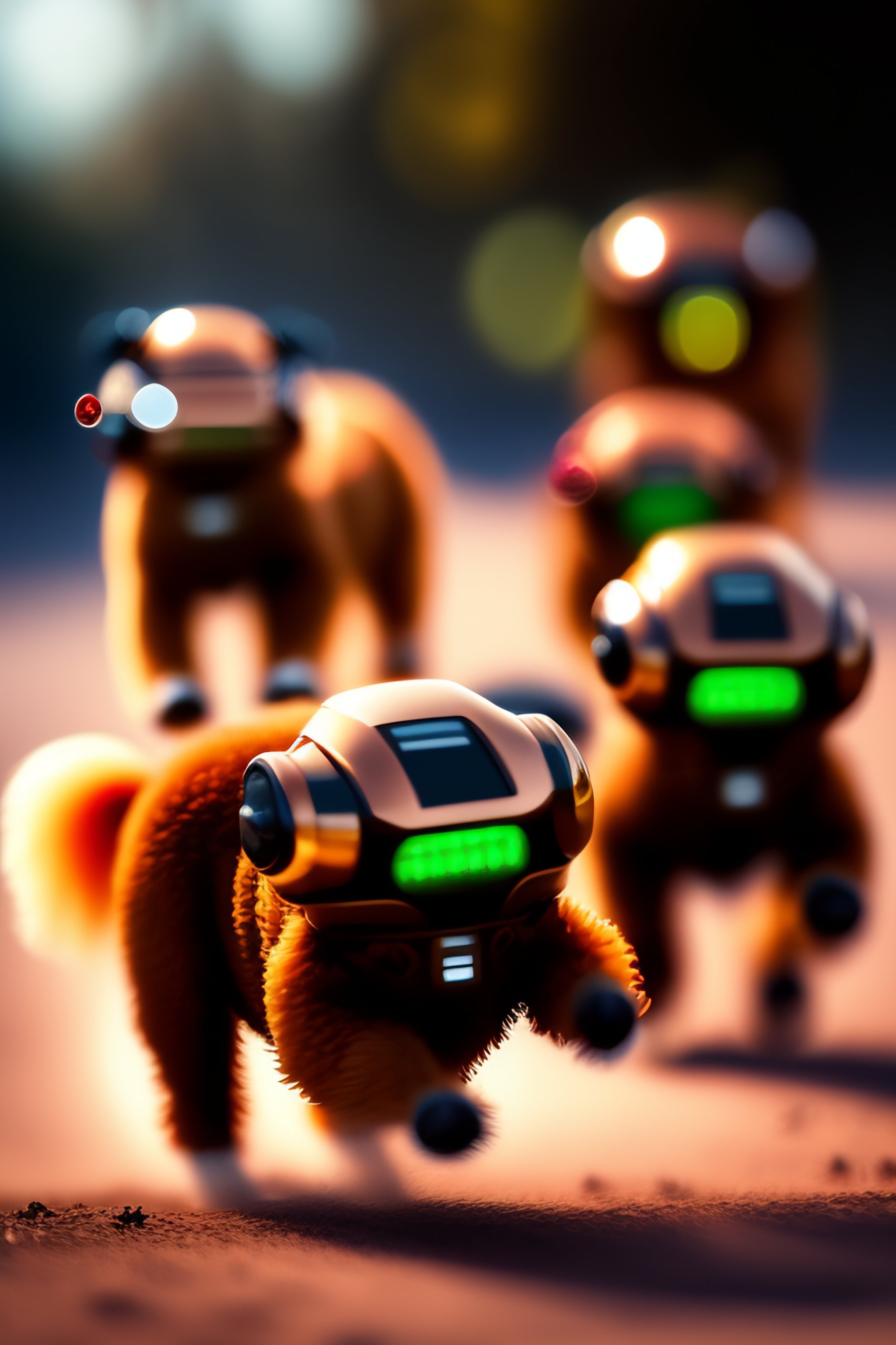 Lexica - Small brown dog robots, running to boy and girl robot owners