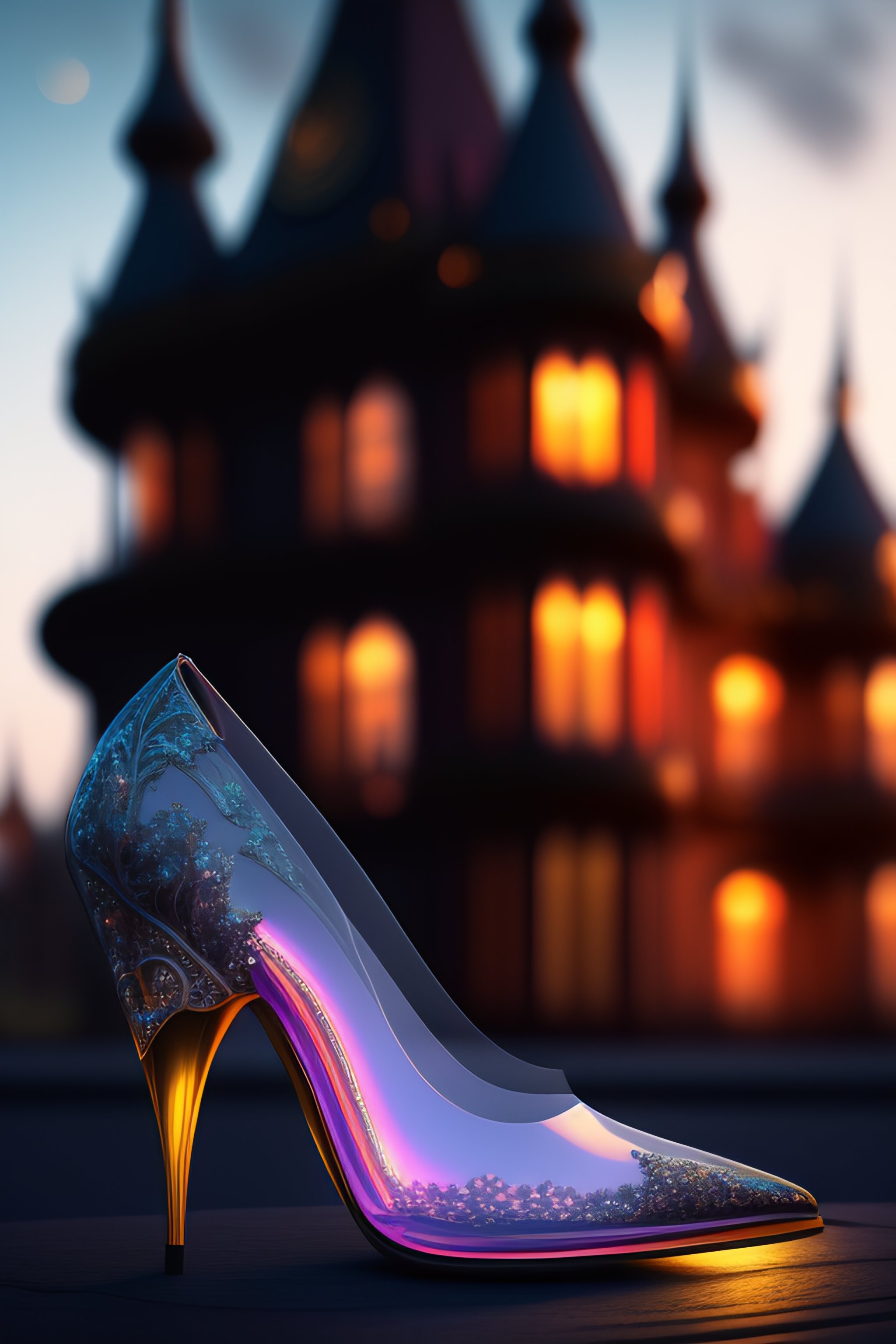 Lexica - Abstract dark fantasy transparent high heel shoe in front of a ...