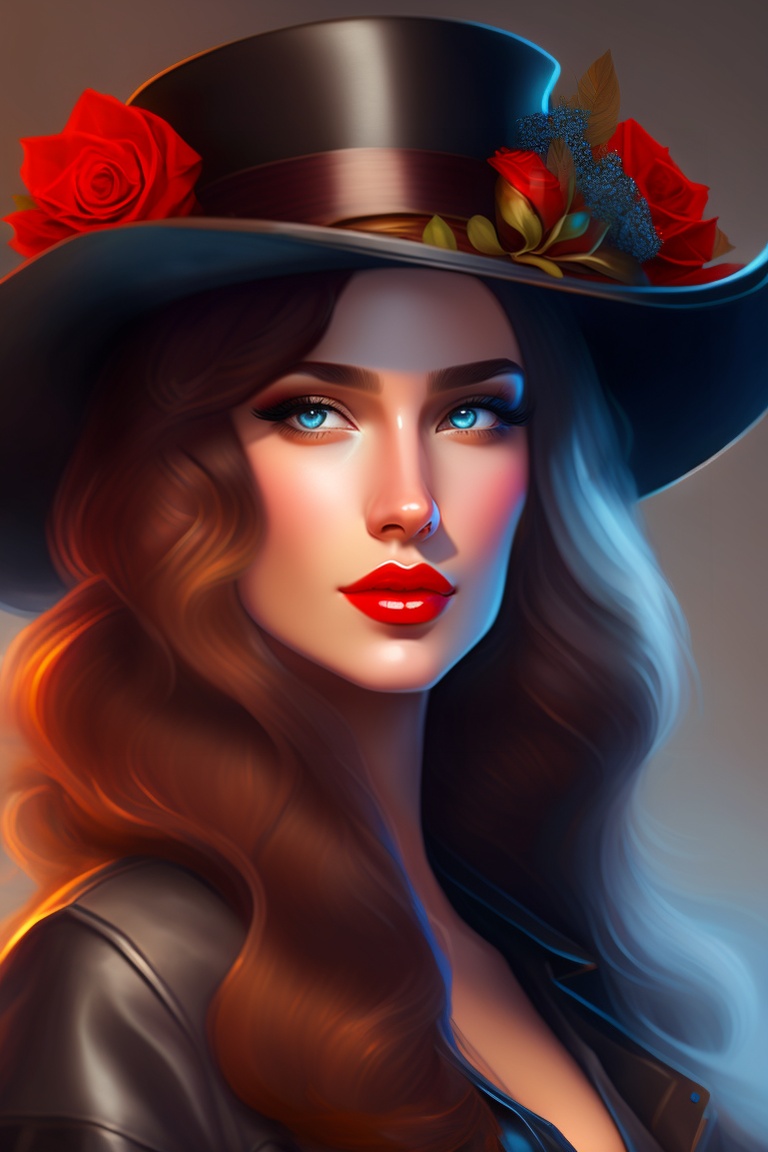 Lexica - Vamp woman, bright red lips, blue eyes, long curly hair, brown ...