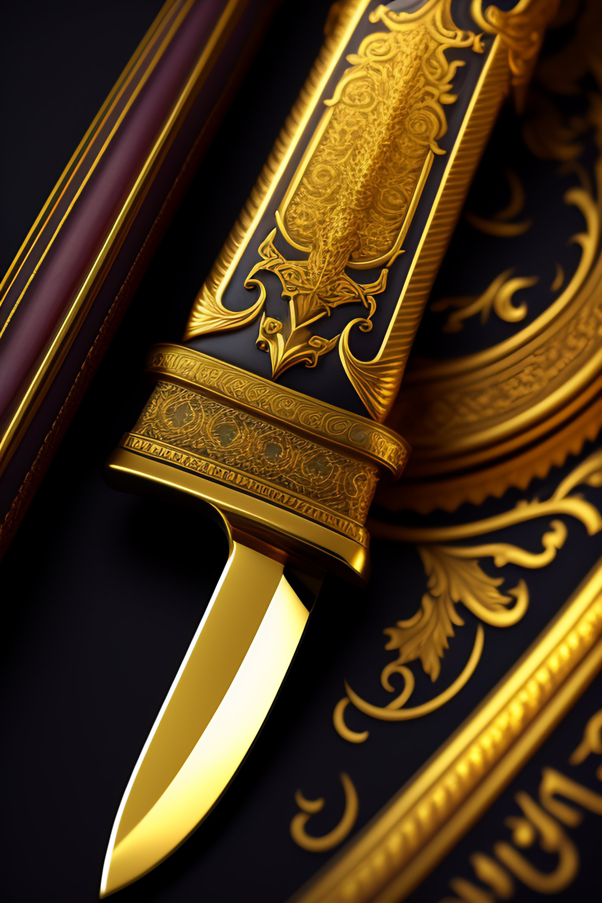 Lexica - An ornate sword with gold and brass fixtures, a golden brass ...