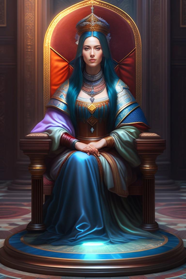 Lexica - Full picture, a female priestess sitting on a throne, a chess ...