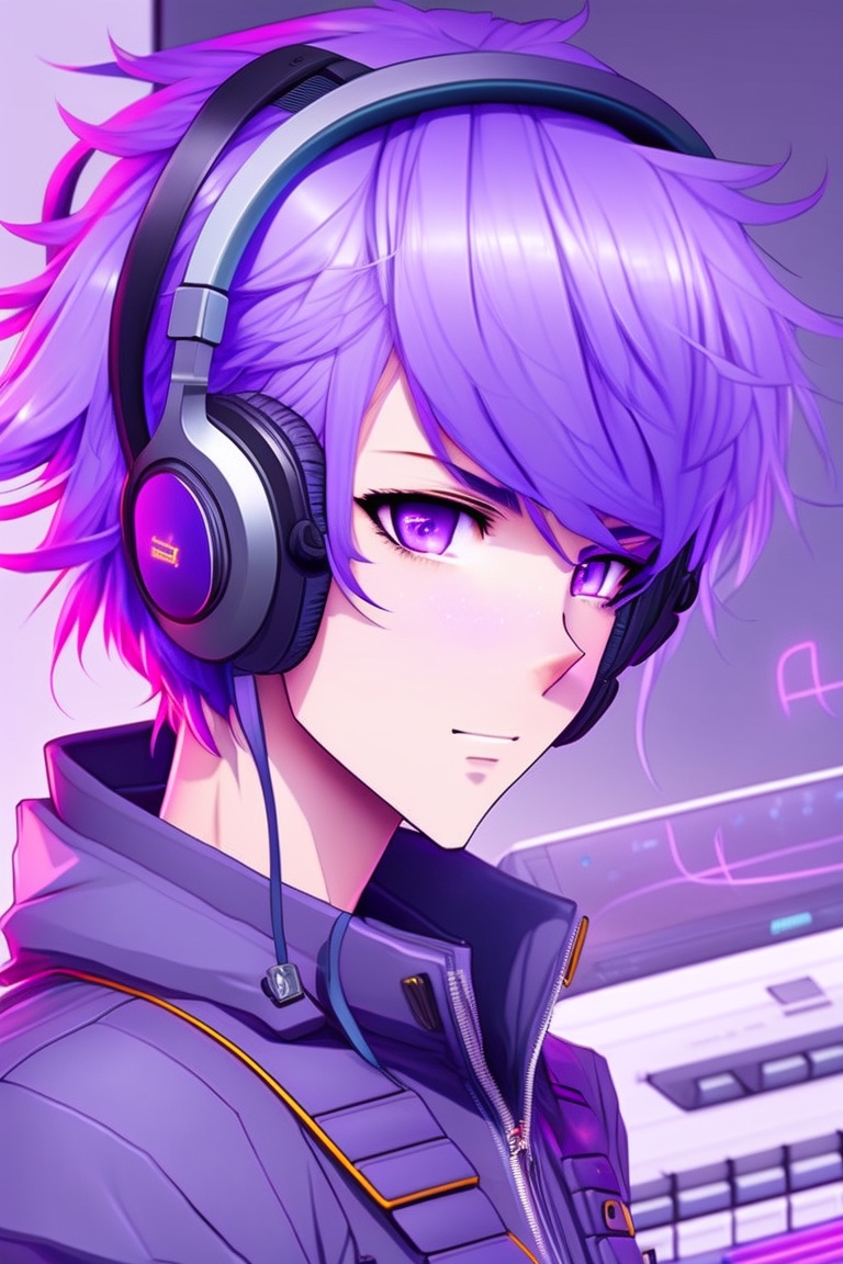Lexica - Anime boy with purple hair, programming a modular synthesizer ...