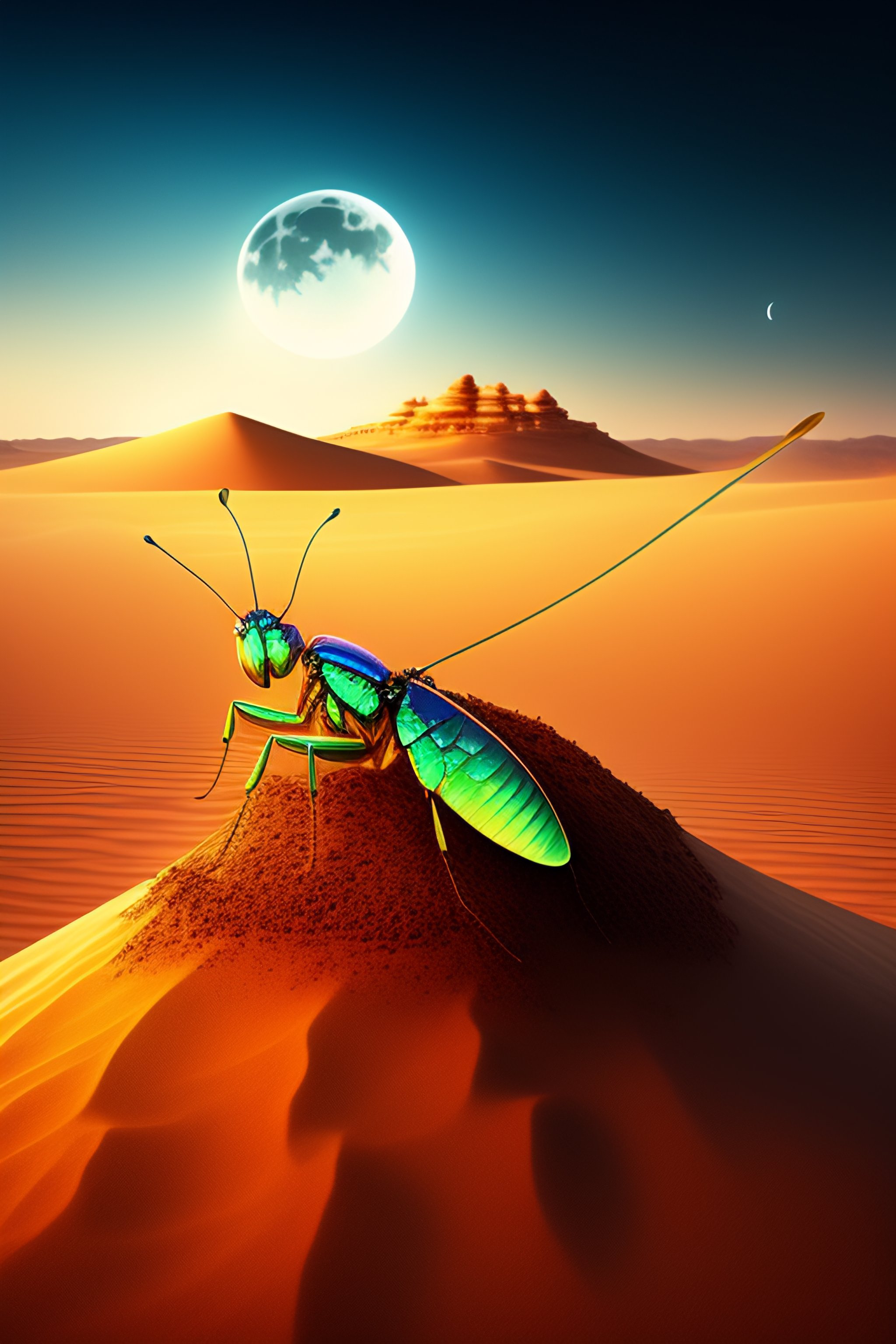 Lexica - A mantis insect in a desert with a crescent moon spear.