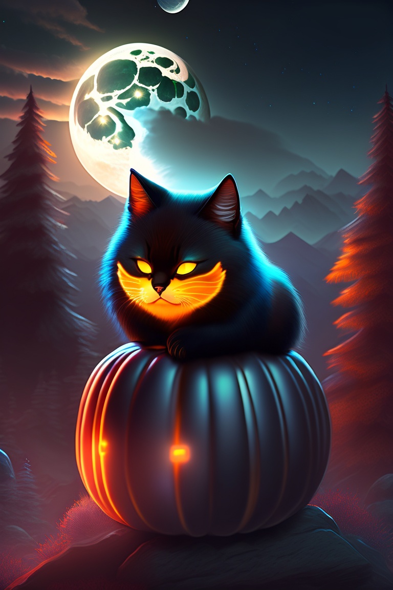 Lexica - Black cat Halloween, 4k, hi-resolution, pumpkin, moon, night,