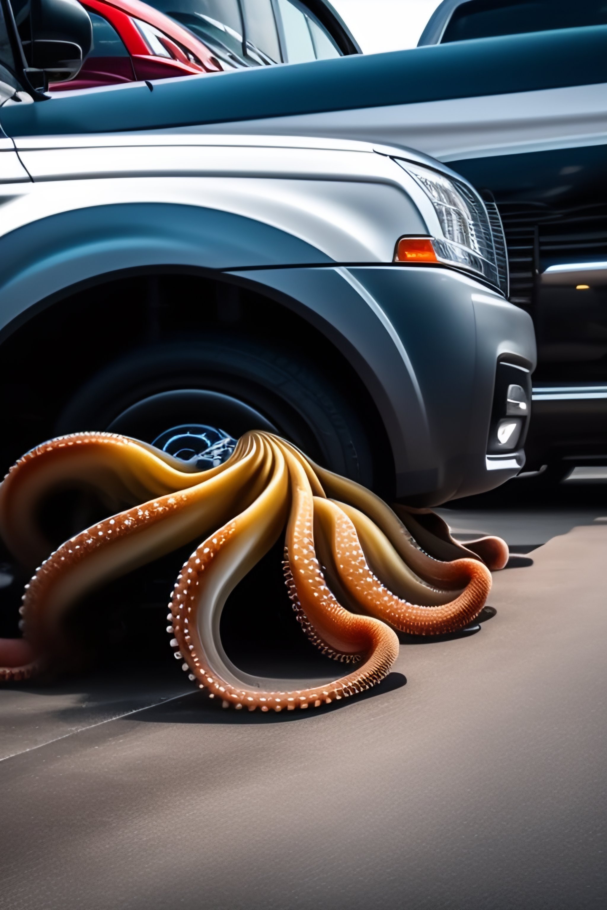 Lexica - Octopus caught live action on security camera, in a parking lot