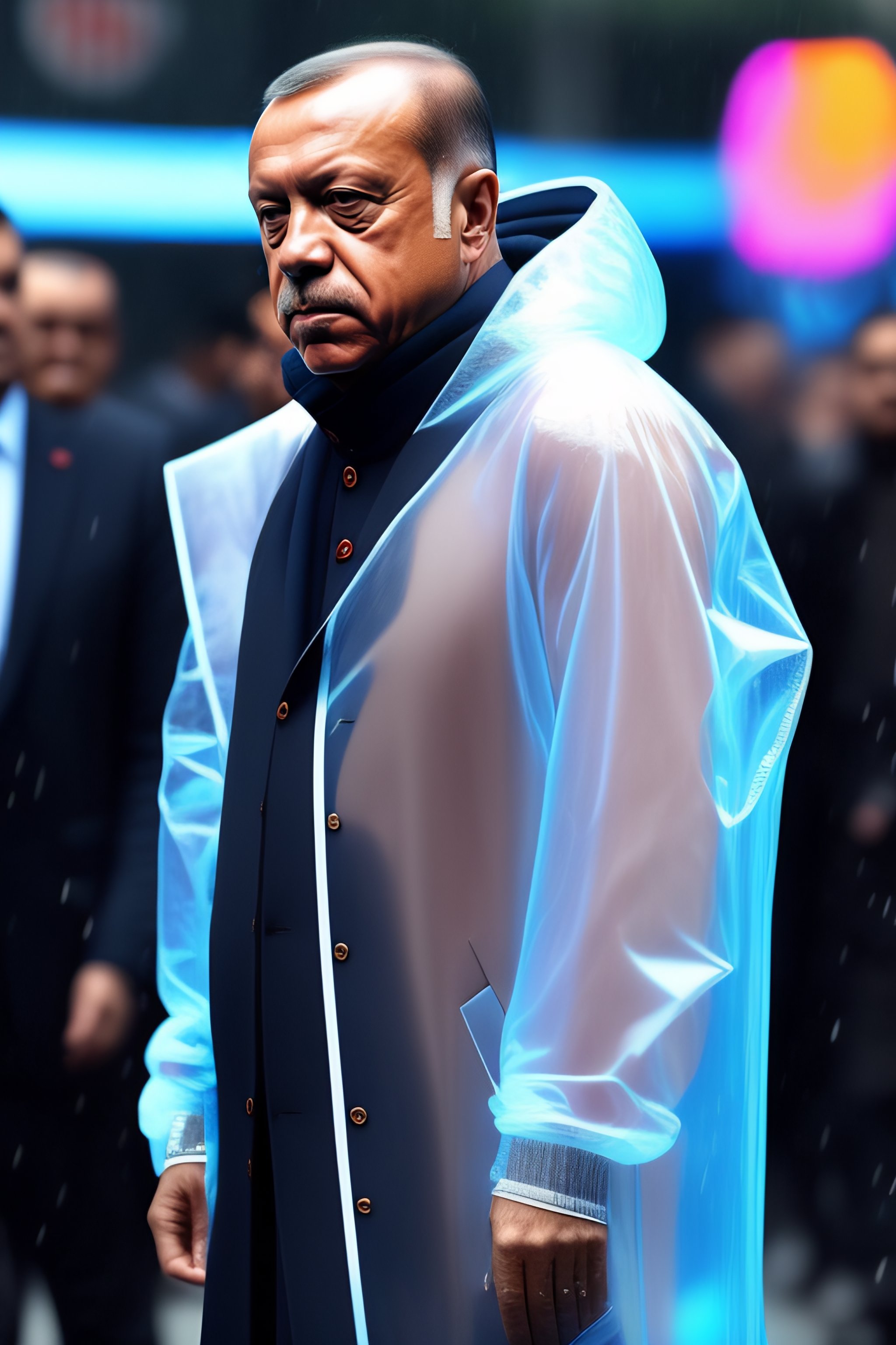Lexica - Recep Tayyip Erdogan wearing transparent raincoat, cyborg ...