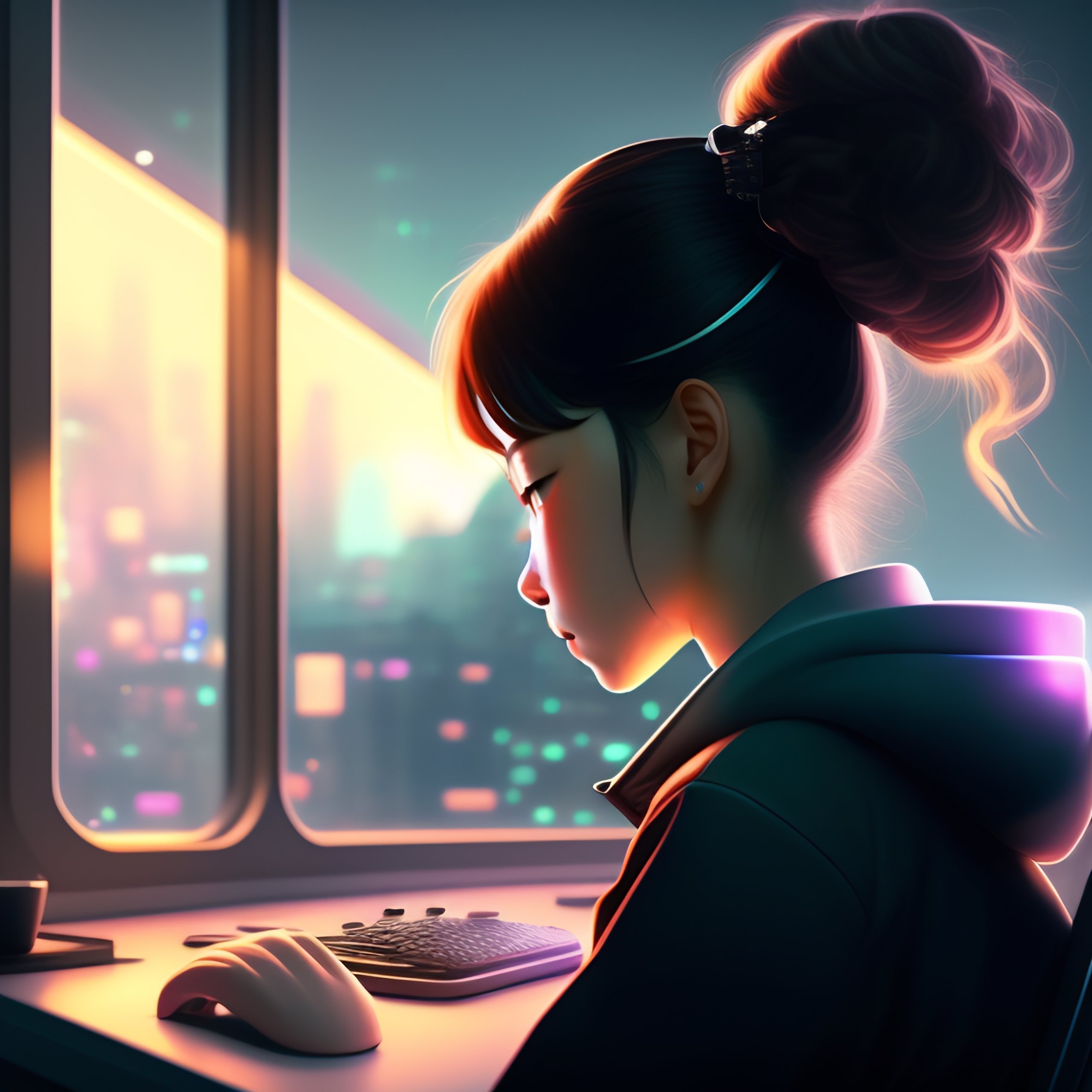 Lexica - A girl working on a computer in a small room with a big window ...