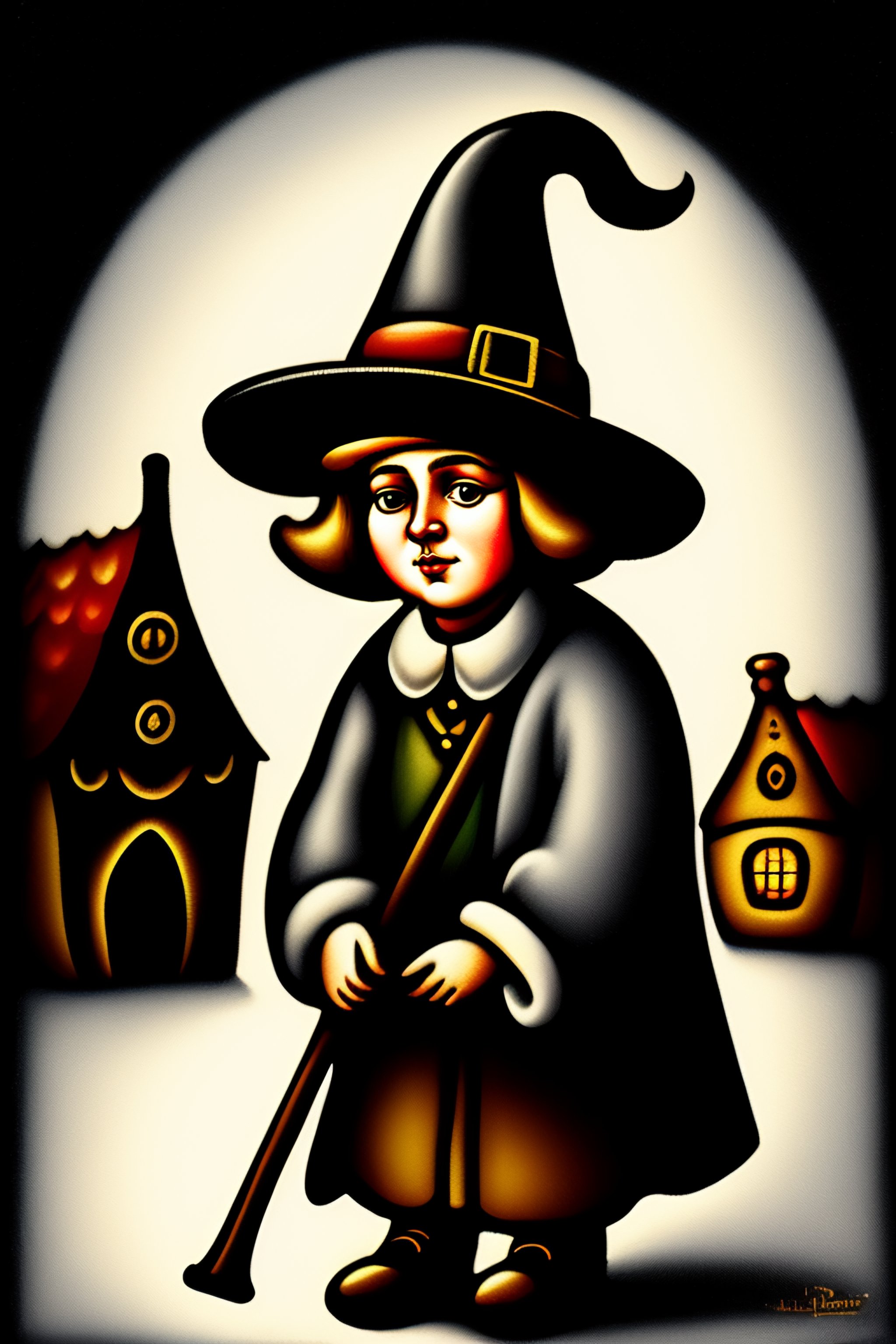 Lexica - A little tired witch in a hat sits on a broomstick and flies ...