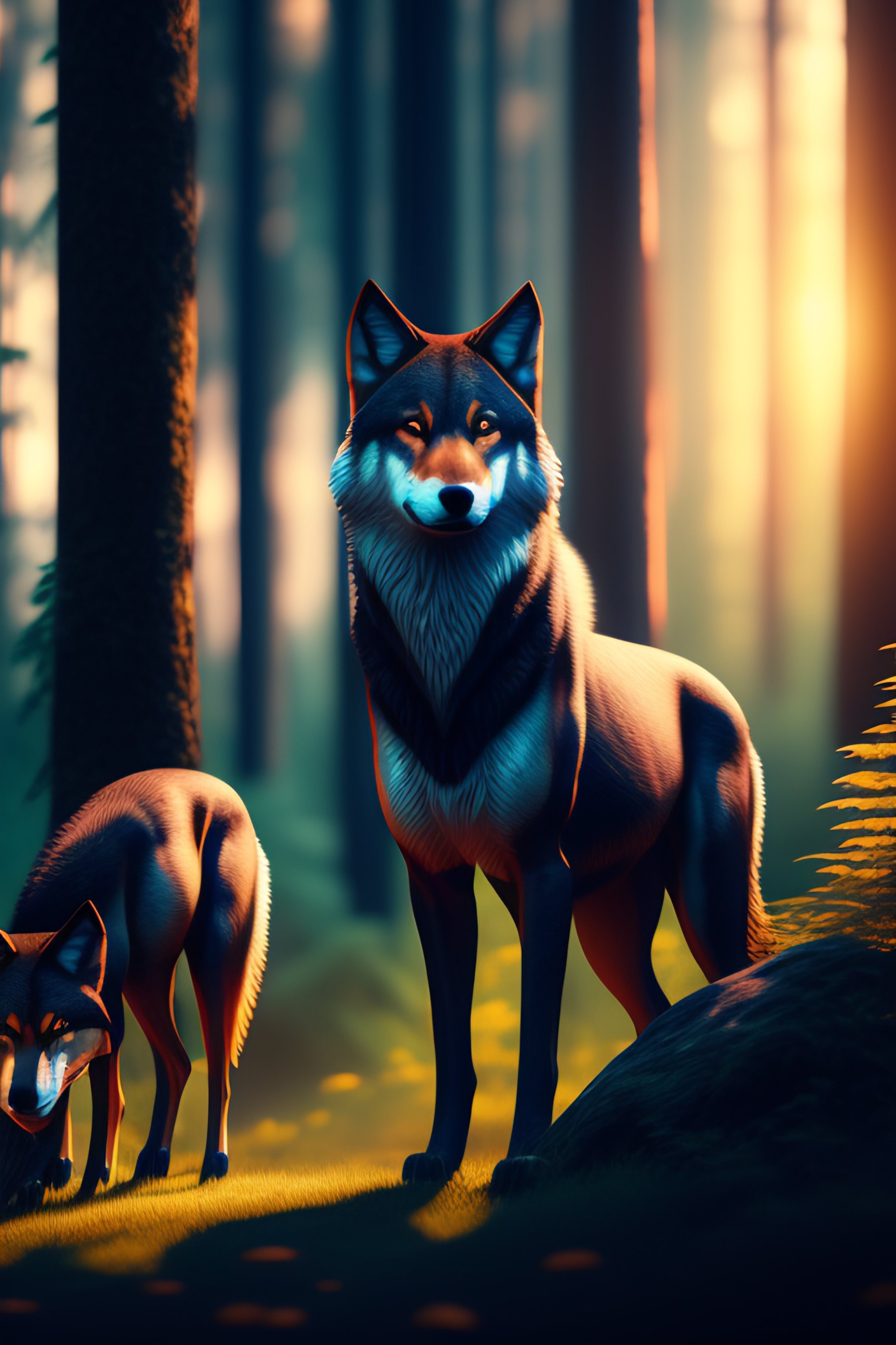Lexica - Wide shot, illustration, three little wolves, In a forest ...