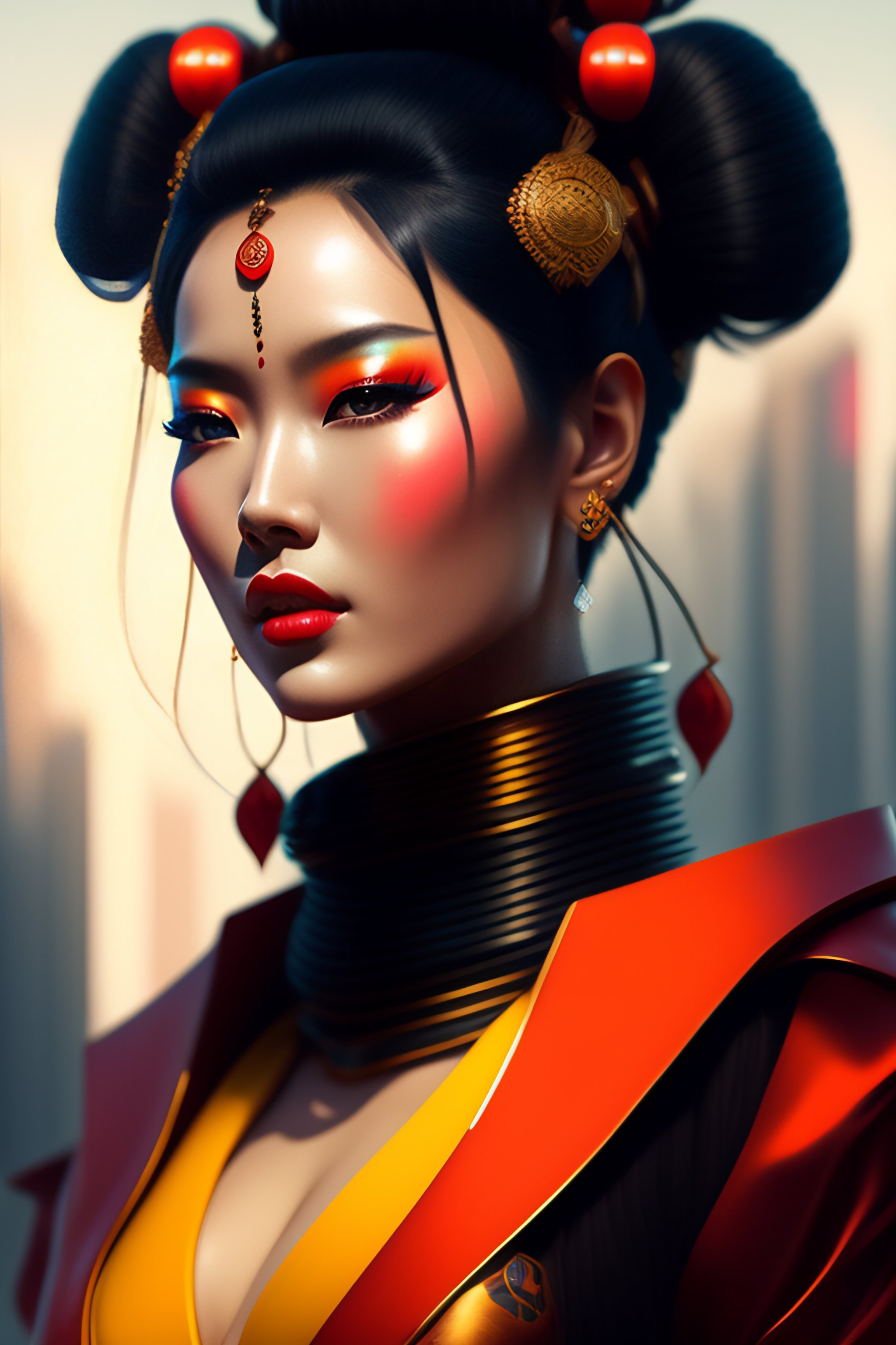 Lexica - Cyberpunk geisha android robot portrait painting, medium shot ...