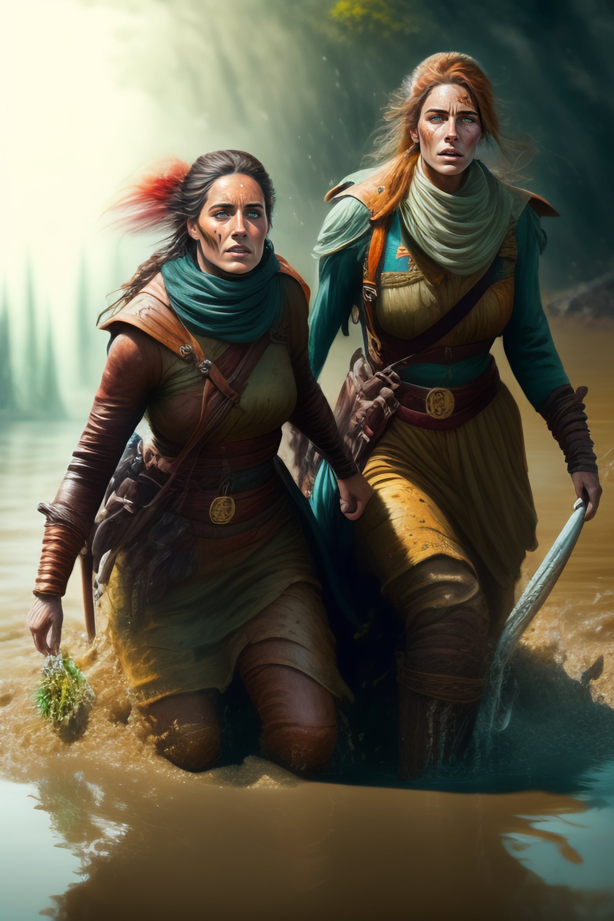 Lexica - Coloured sketch art style, 2 scared explorer women sinking in ...