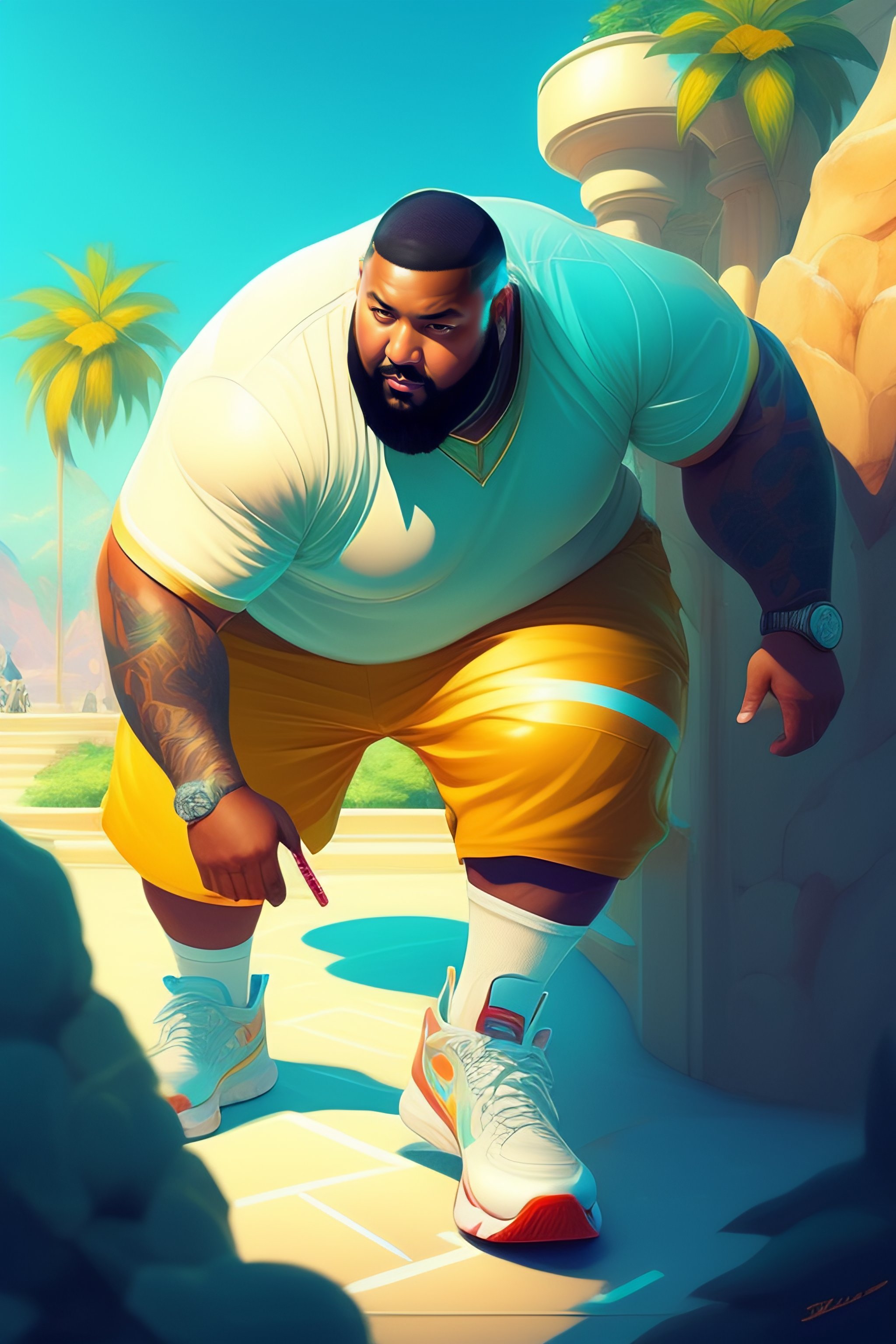 Lexica - Full body, from above, DJ Khaled playing tenis, ice in the ...