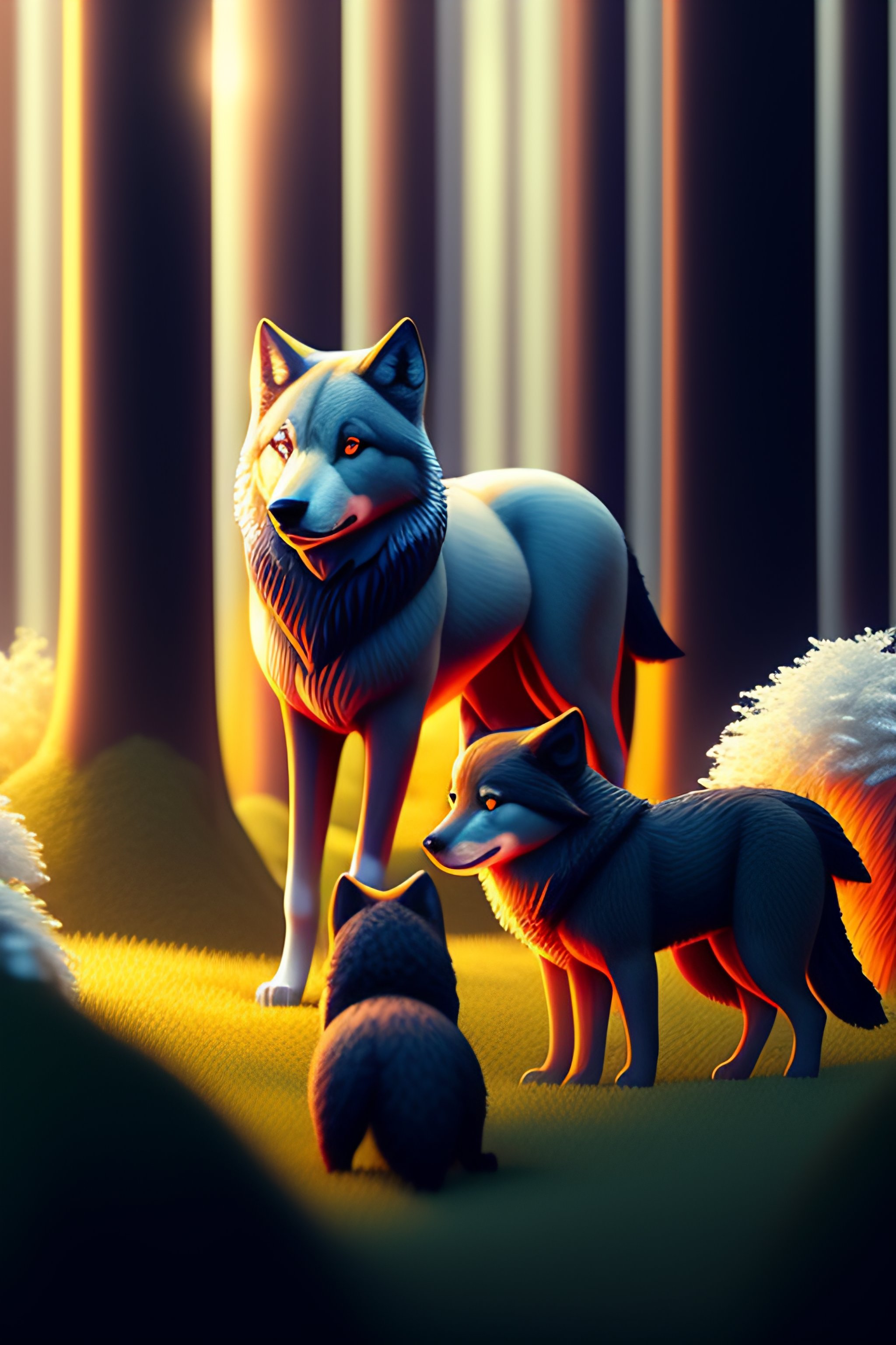 Lexica - Wide shot. A children book illustration about 3 little wolves ...
