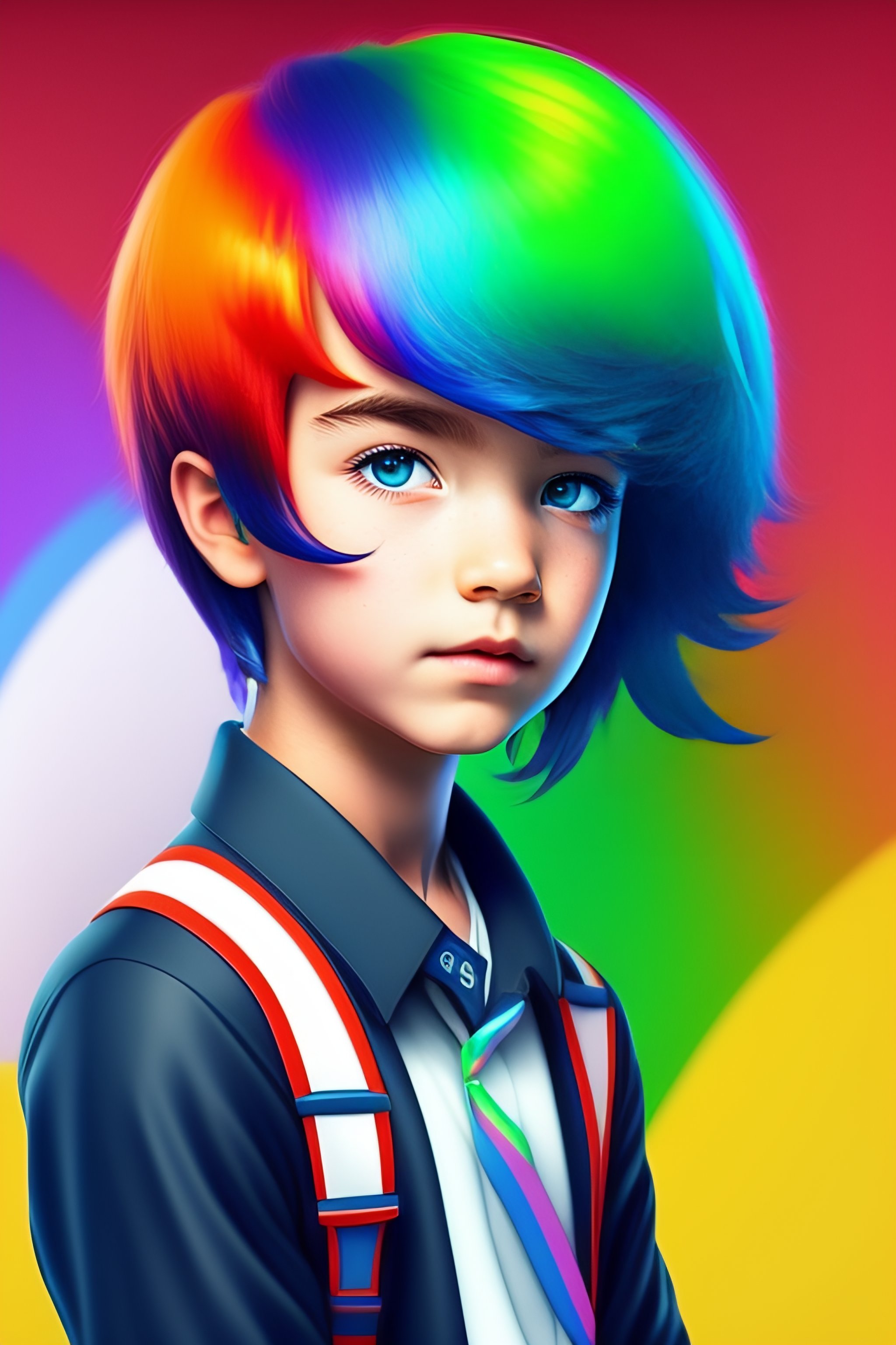 Lexica - School boy with rainbow colored hair, rainbow colored eyes, in ...