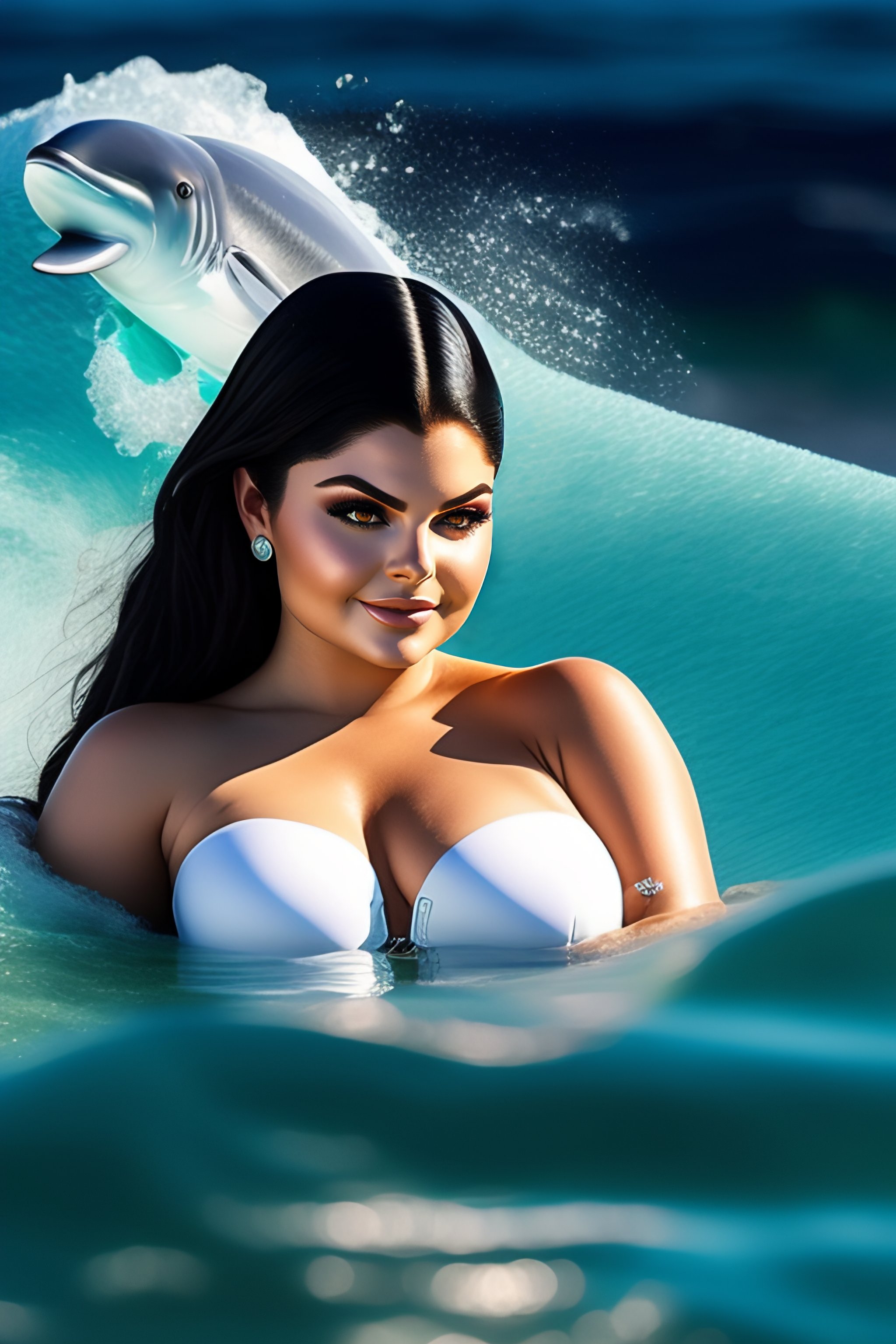 Lexica - Ariel winter in turquise mono bikini and riding a dolphin on big japanese waves