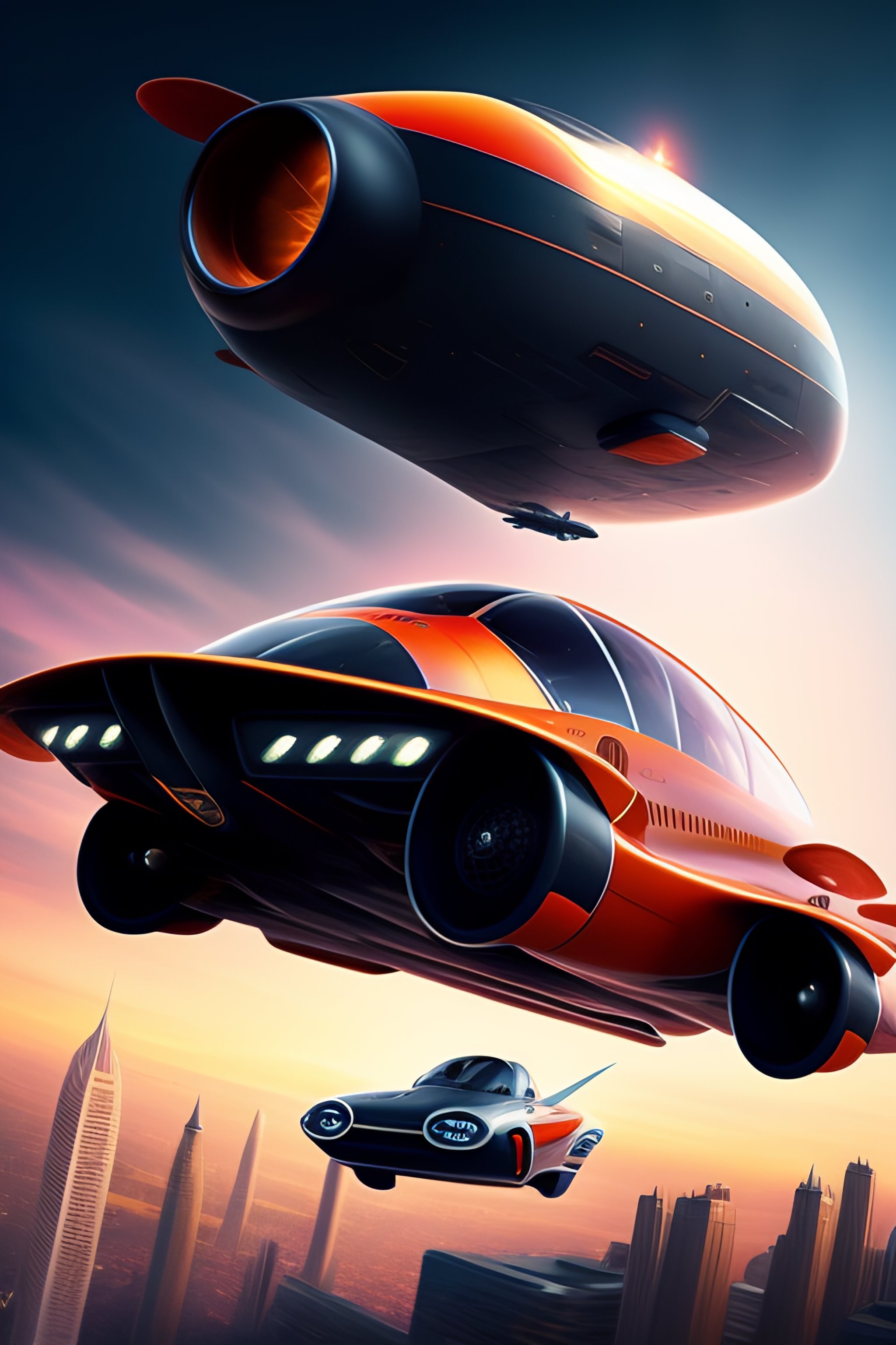 Lexica - A flying car with jet engine on the back flying across a ...