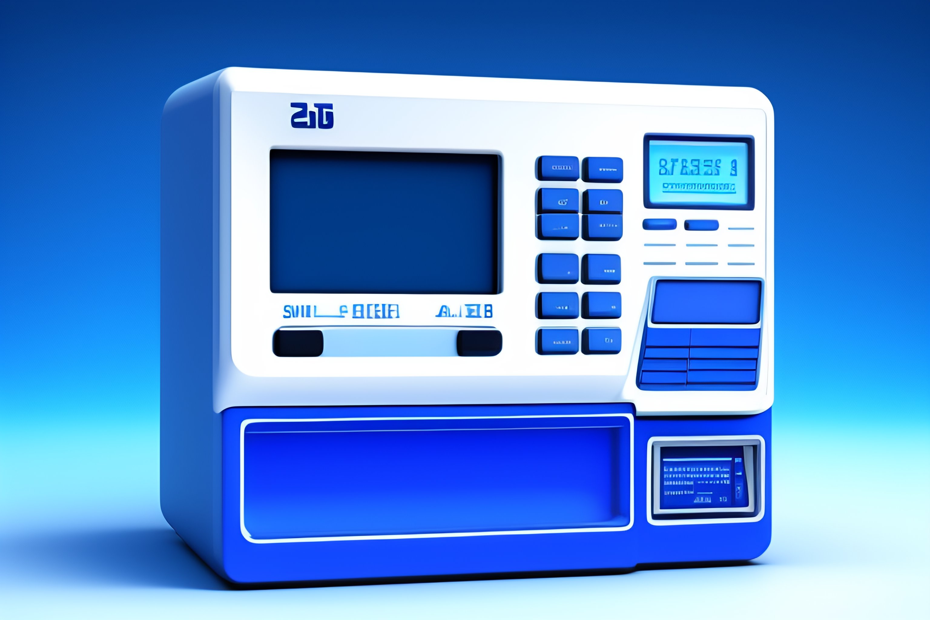 Lexica - A payments terminal, blue and white, vhs art, 2D, 80s