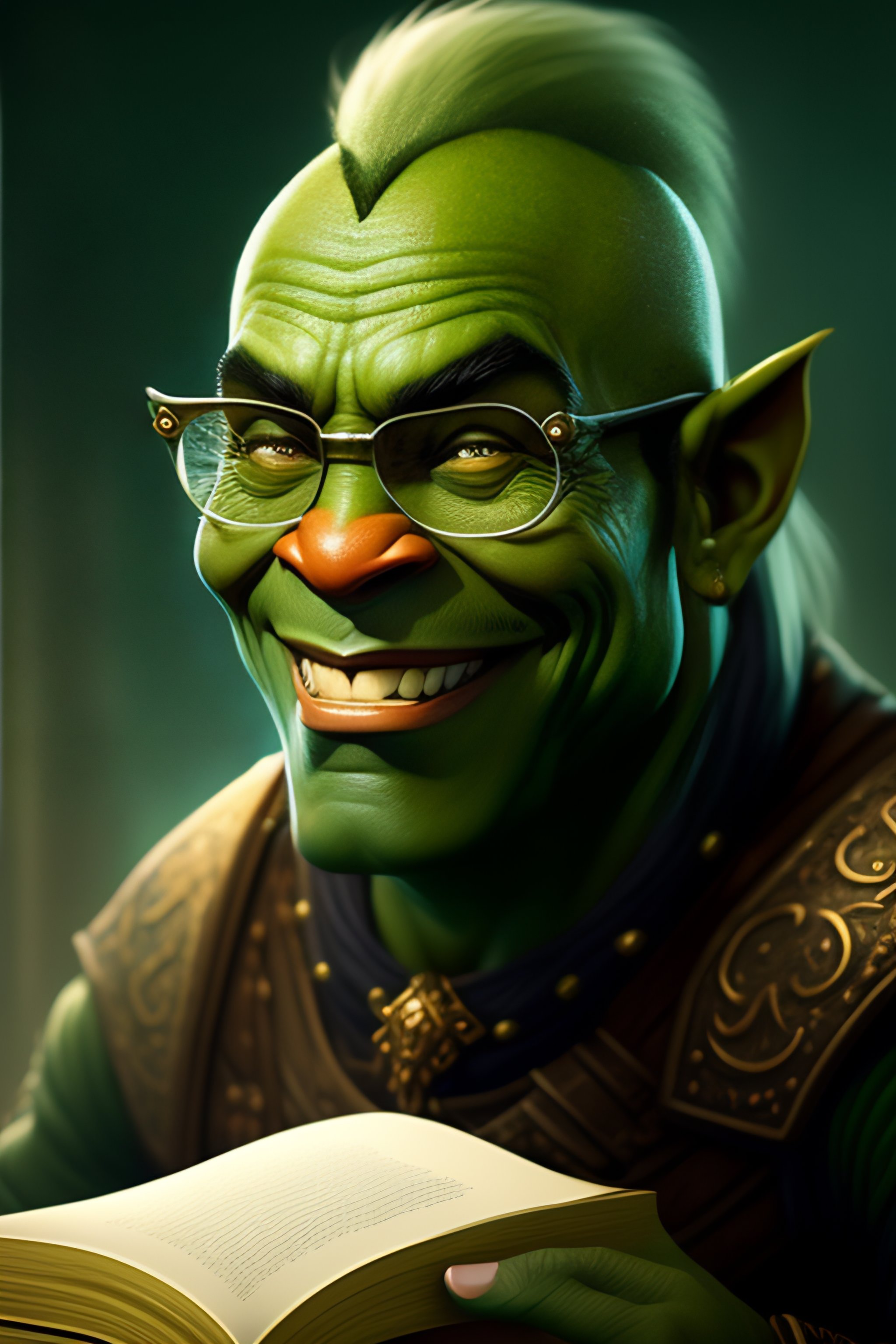 Lexica - A well-drawn friendly kind dark-green orc with a kind smile ...