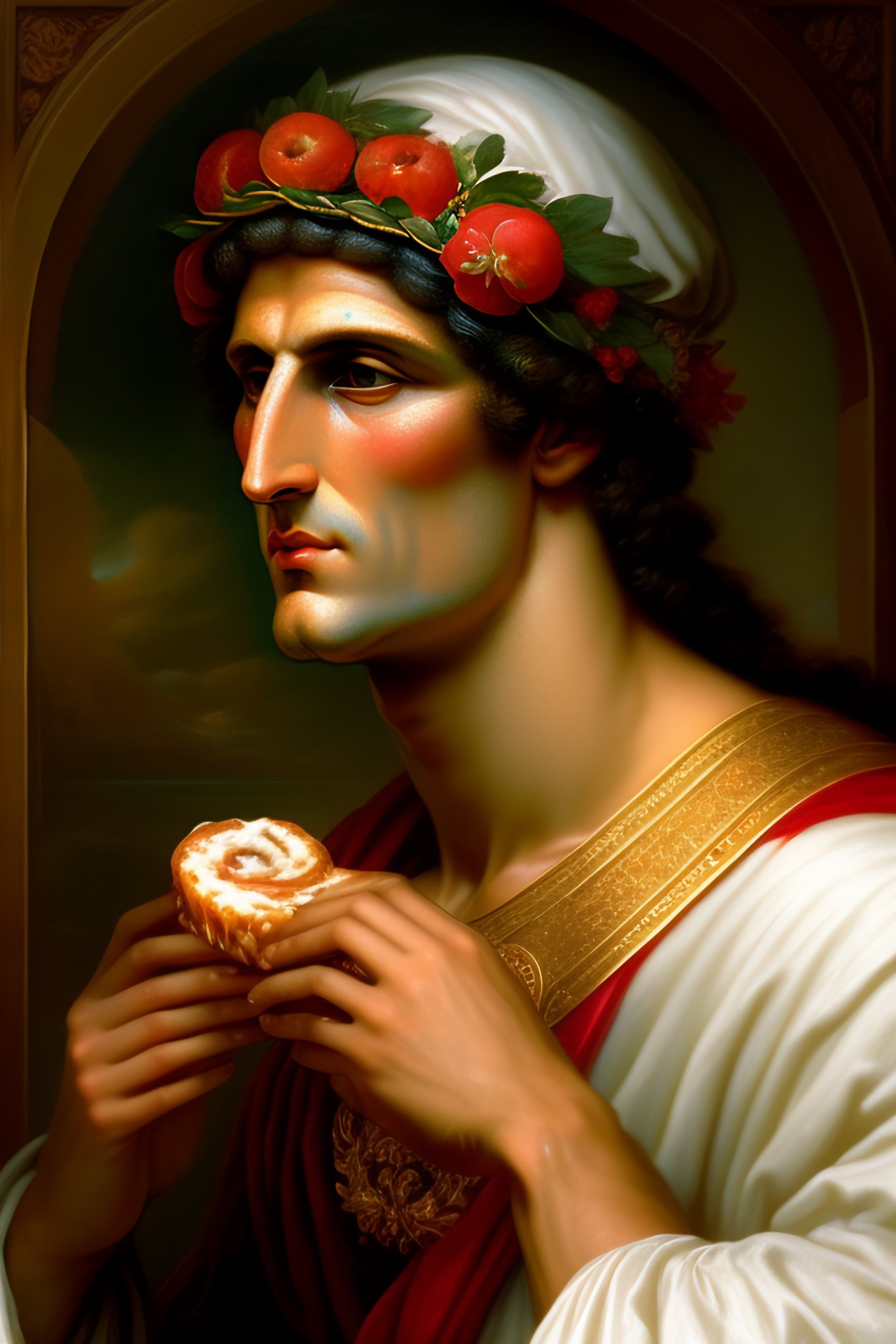 Lexica - Dante Alighieri eating a cinnamon roll and wearing a Laurel wreath