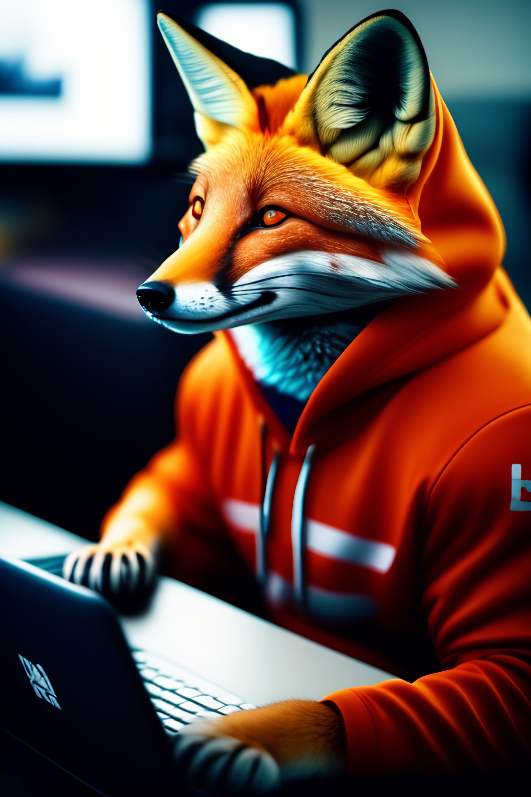 Lexica - Picture of an anthropomorphic fox in a hoodie, at a computer ...