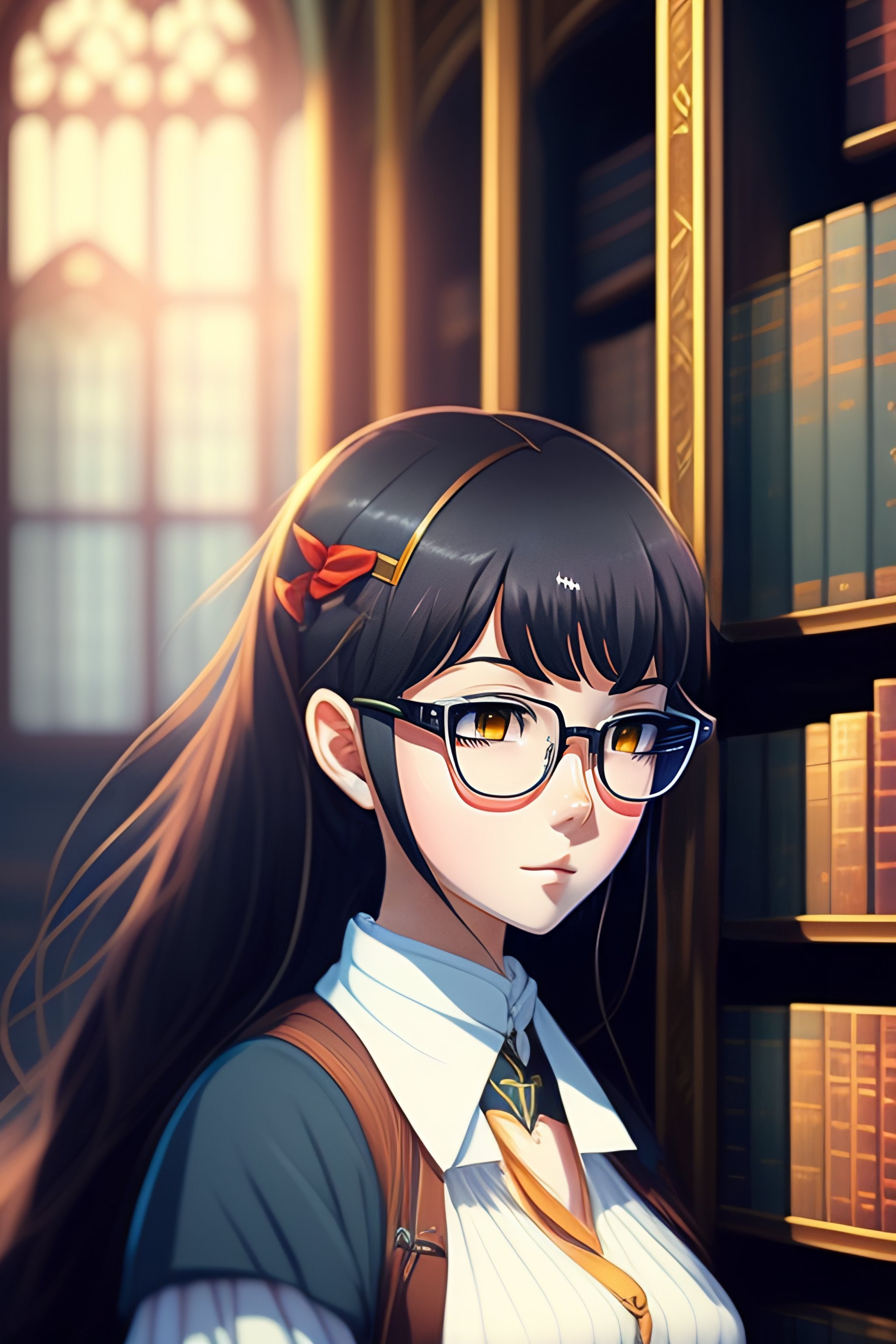 Lexica - Girl, spectacles, anime style, ghibli, medieval, library, water
