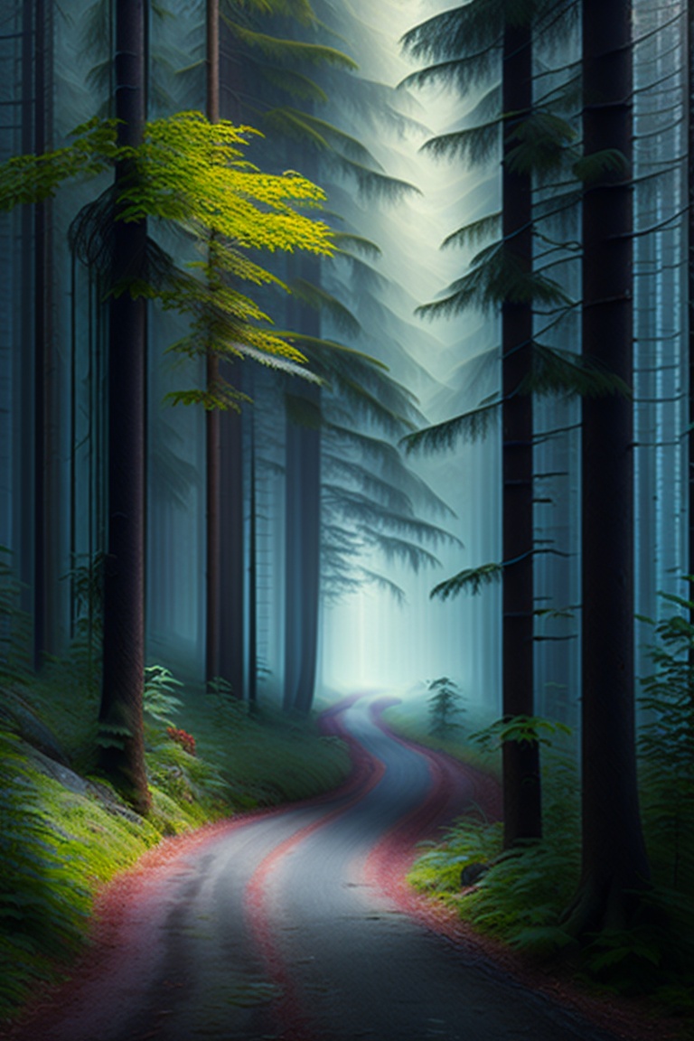 Lexica - Misty abandoned woodland, horror atmosphere overgrown pathways.