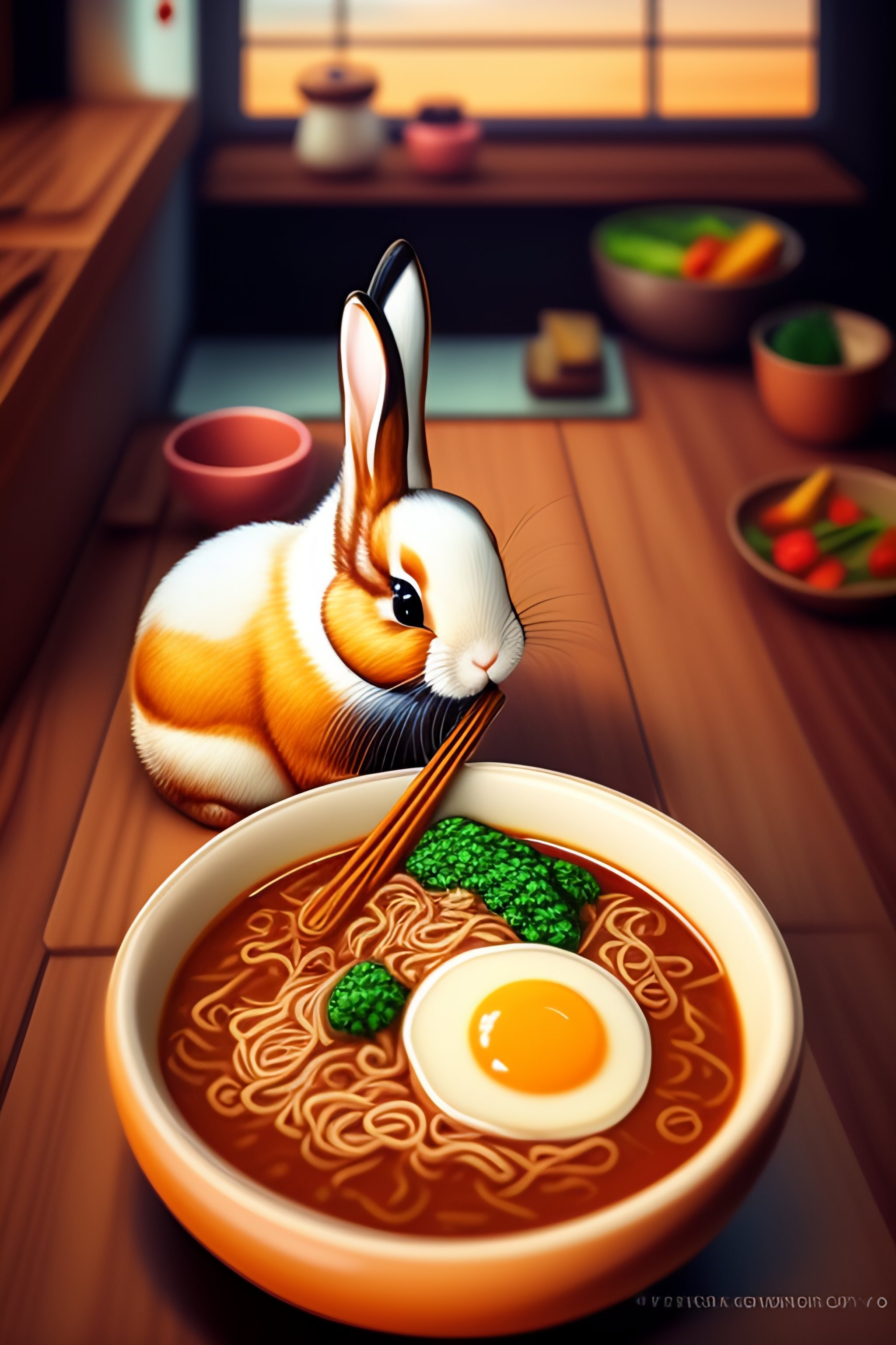 Lexica - Bunny chef making ramen, manga style, surreal