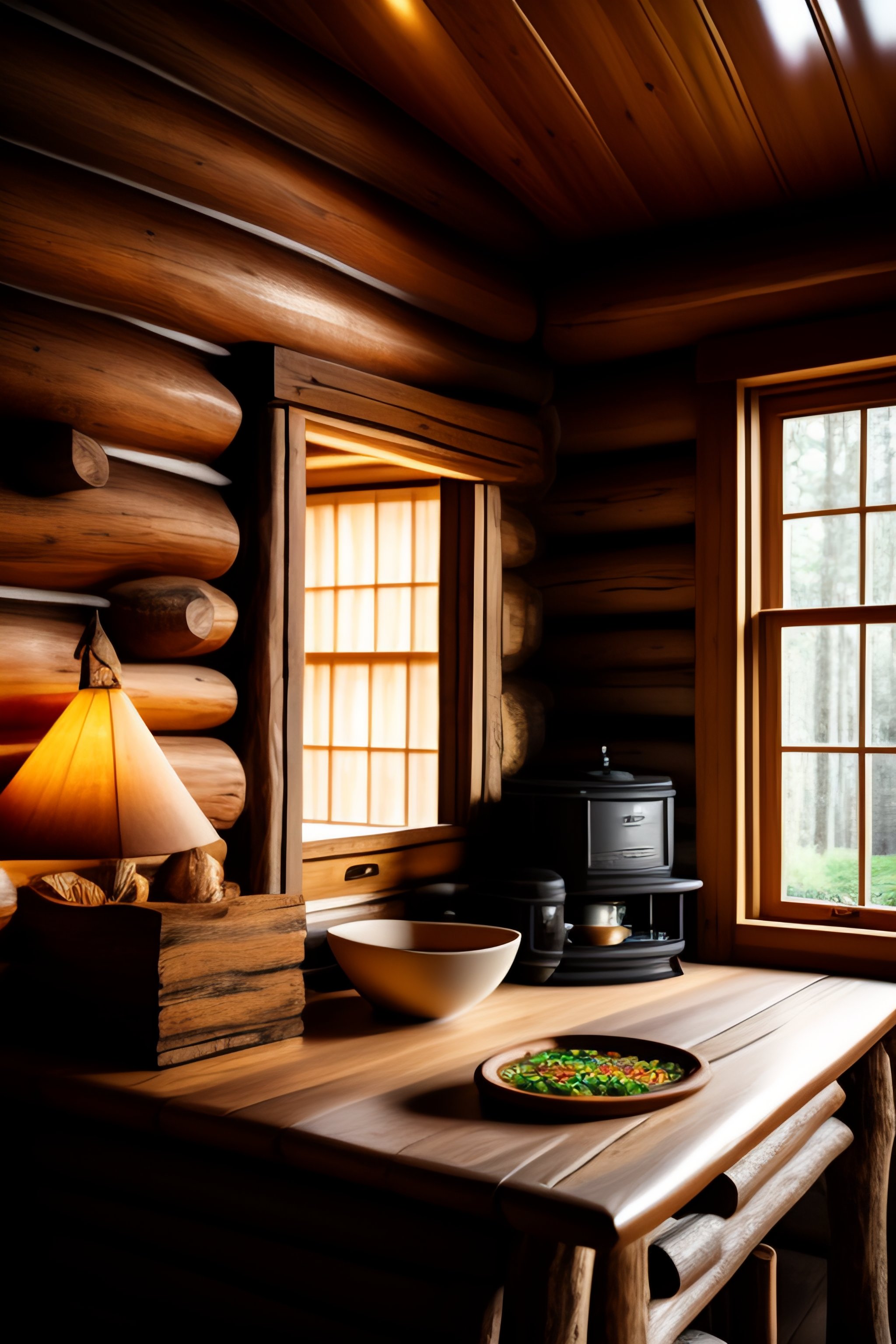 Lexica - Interior of a log cabin with a raised tablet on a counter at ...