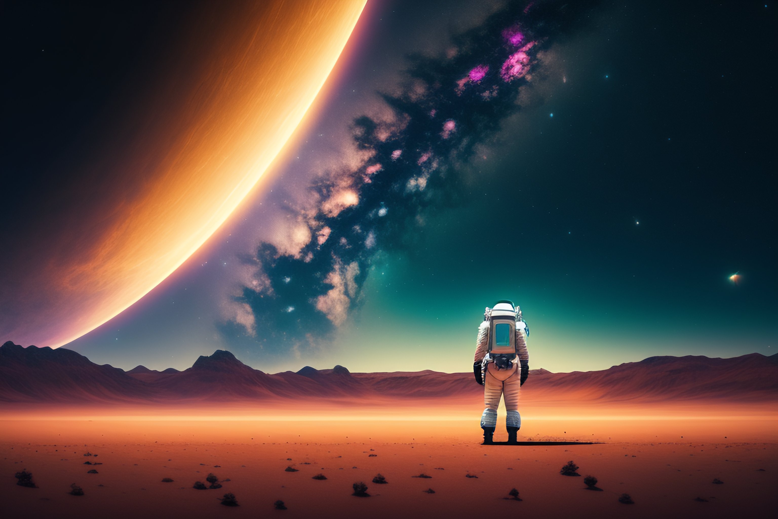 Lexica - Spaceman in the open space looking at a giant planet with few ...