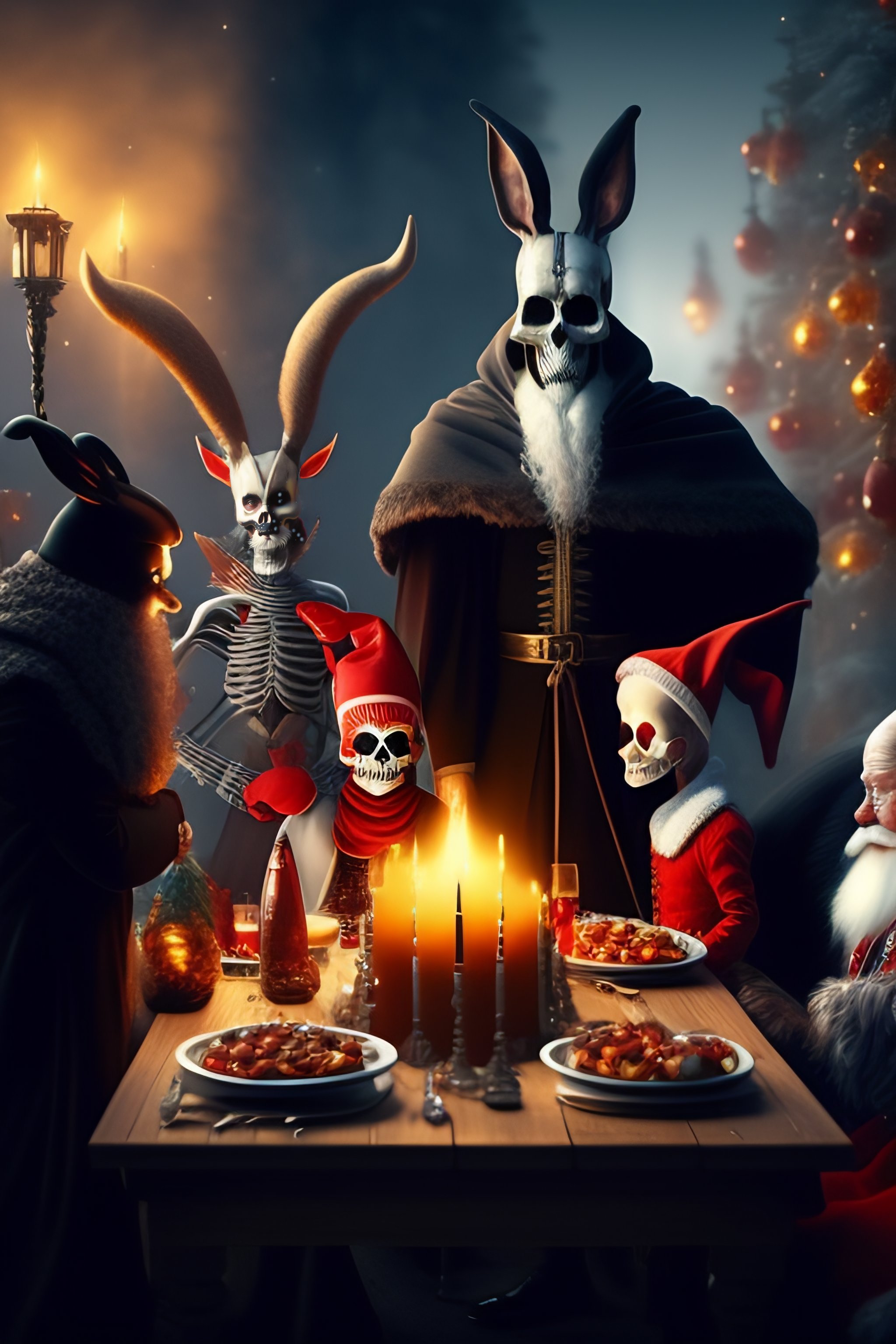 Lexica - Skeletal Grim Reaper in a dark robe, Santa Claus, Easter Bunny ...