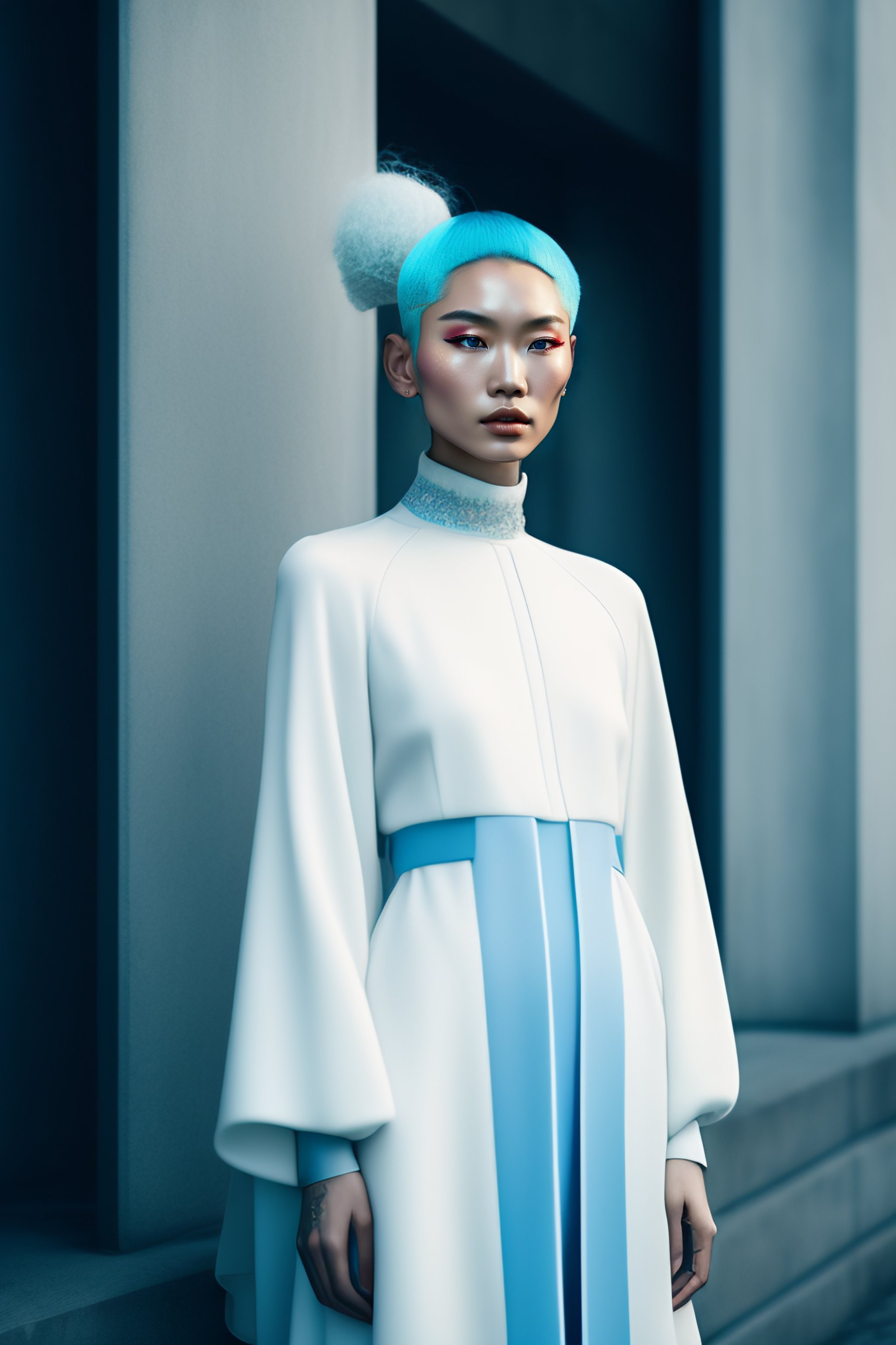 Lexica - Portrait of haute couture beautiful albino asian fashion model with pale blue hair ...