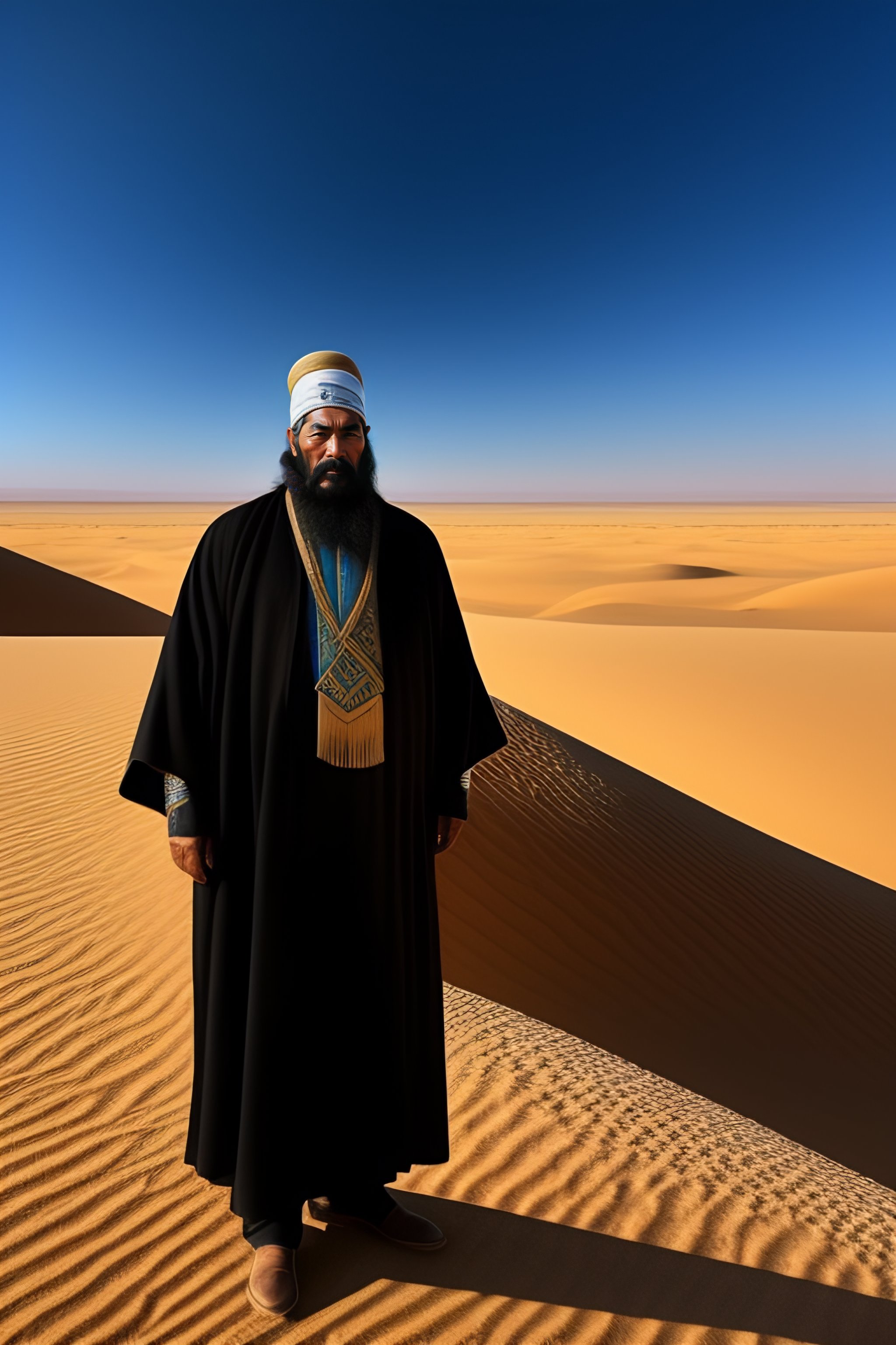 Lexica - Turkmen Basmach in a woolen black hat, in a striped sandy robe ...