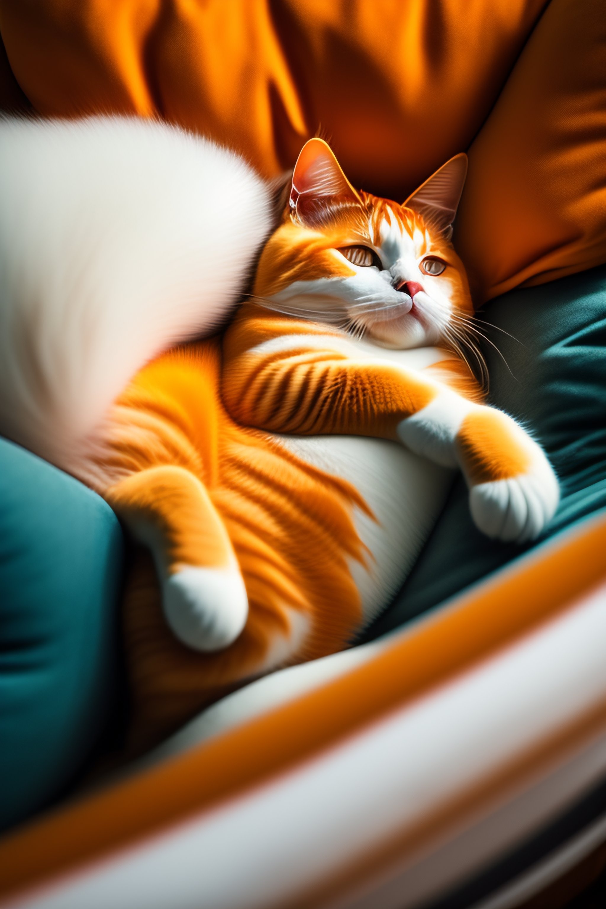 Lexica - Portrait of a orange and white cat sleeping on a couch flying ...