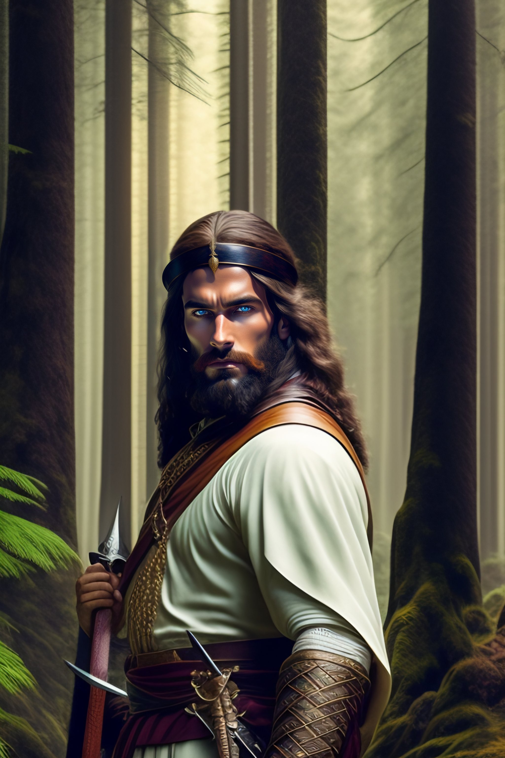 Lexica - Ranger medieval men in forest with sword hair white