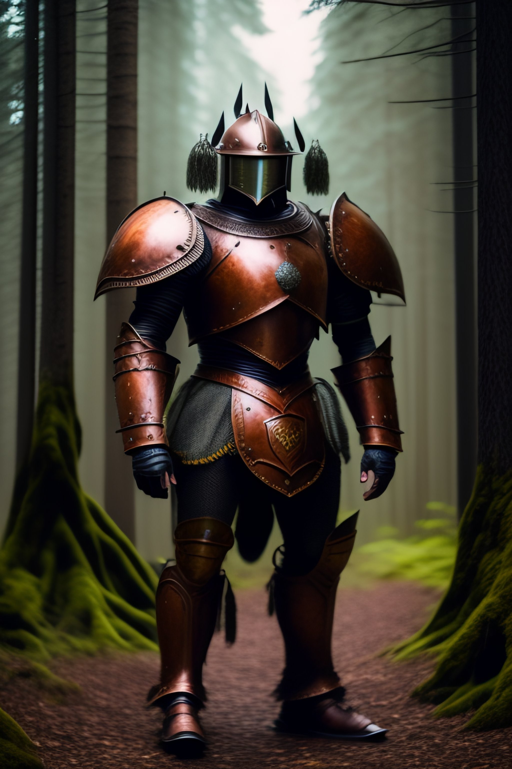 Lexica - A rusty medieval suit of armor in a forest