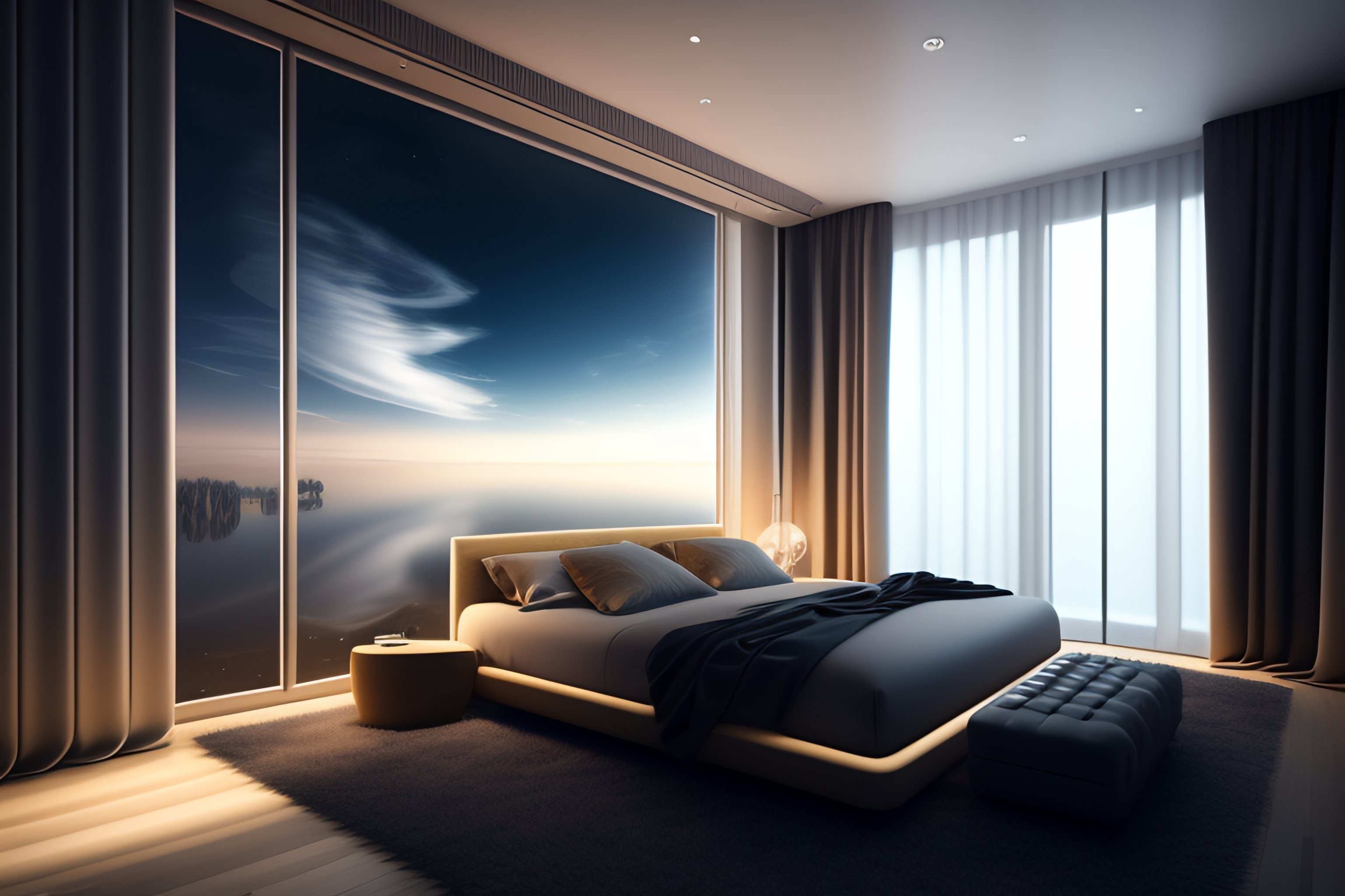 Lexica - An ultra wide angle photo of a floating bed hovering above the ...