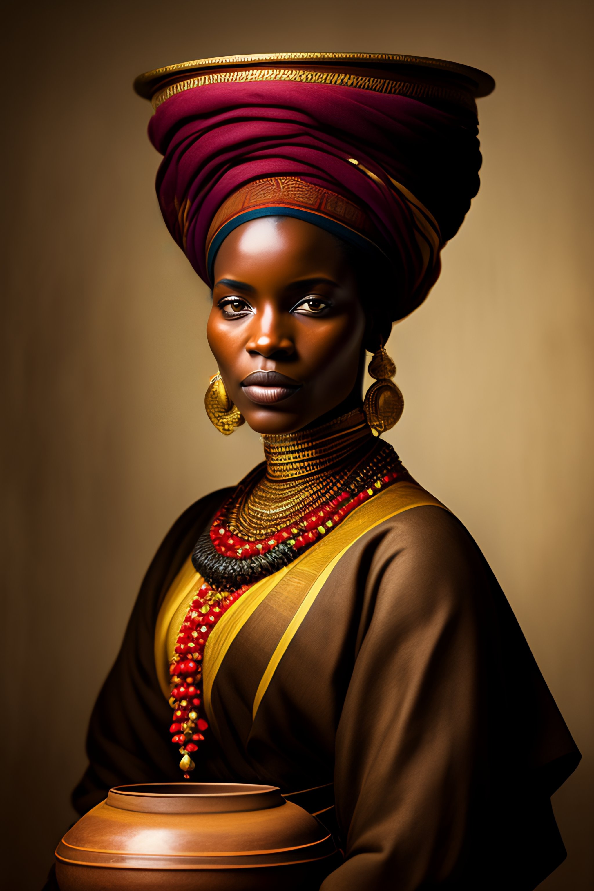 Lexica - Portrait from an African lady with a pot on the head.