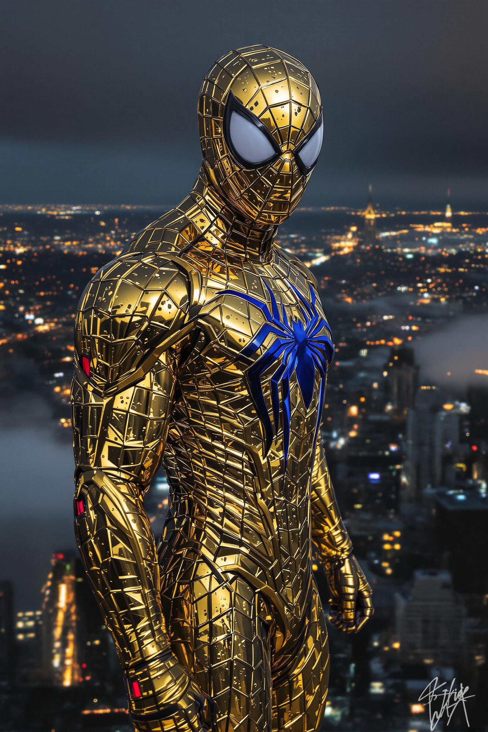 Lexica - Portrait painting of Spider-Man wearing a gold metallic suit ...