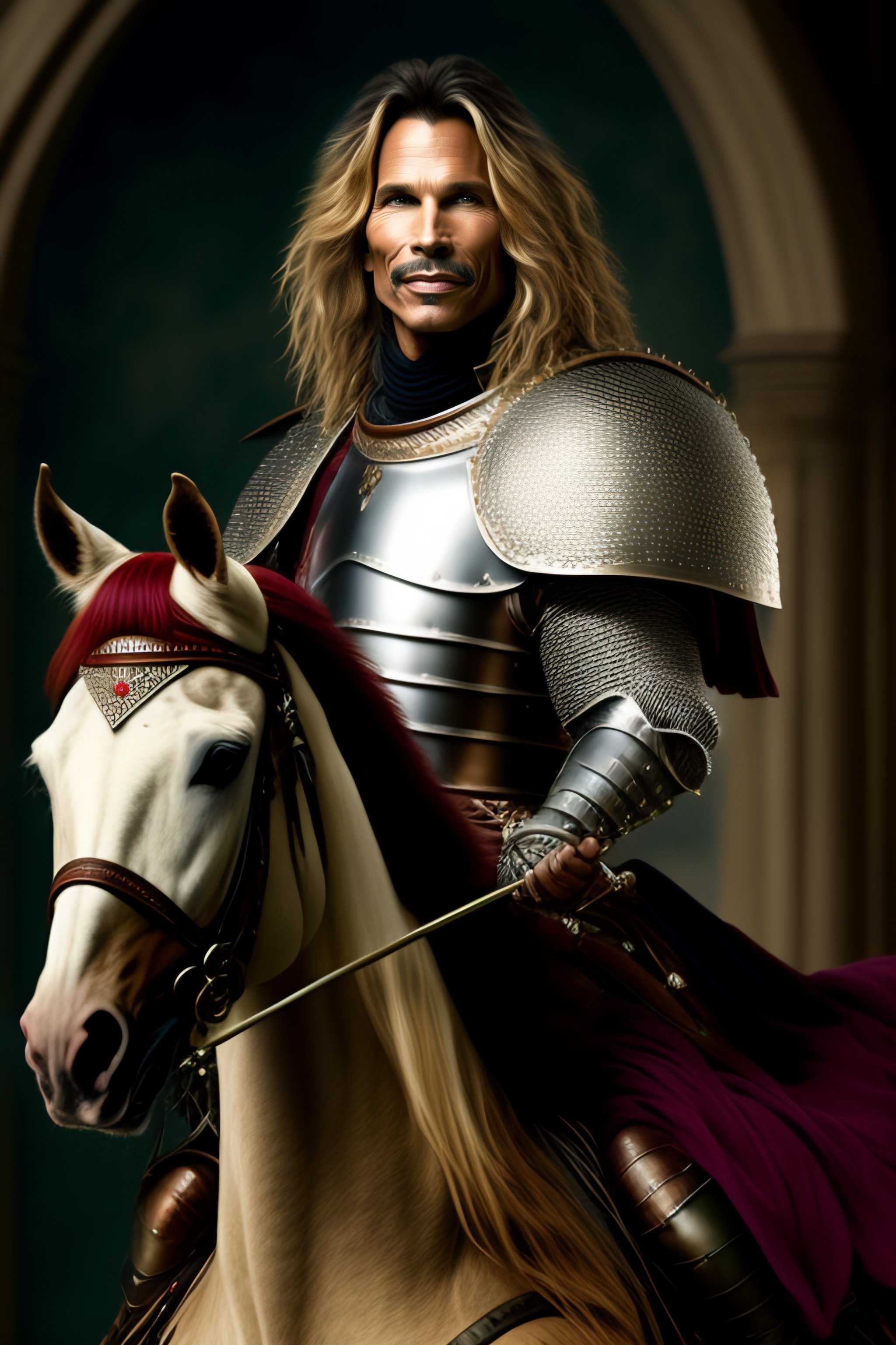 Lexica - Steven Tyler as a medieval knight with a full armor riding a horse