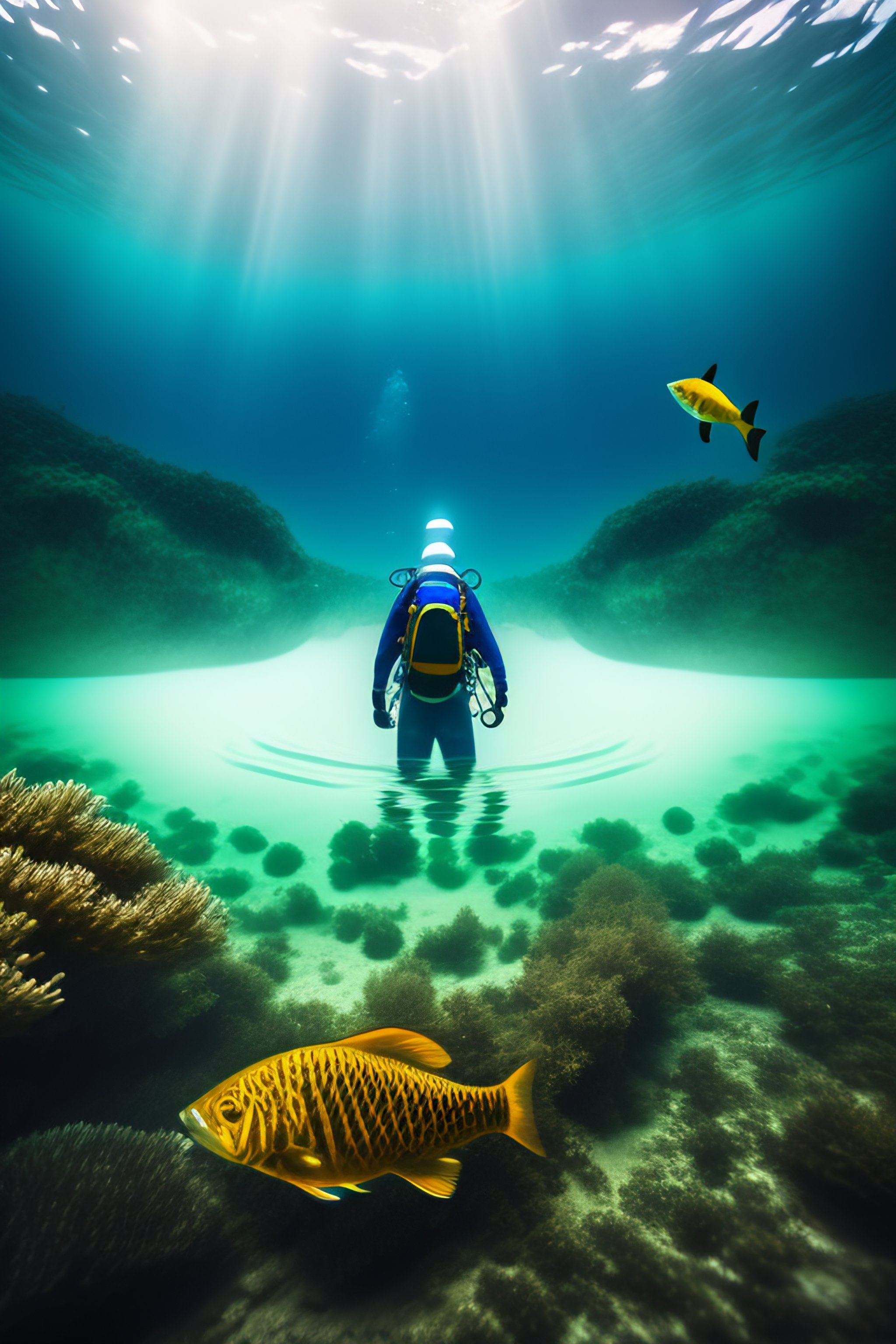 Lexica - Portrait of a diver in a lake with fish around them